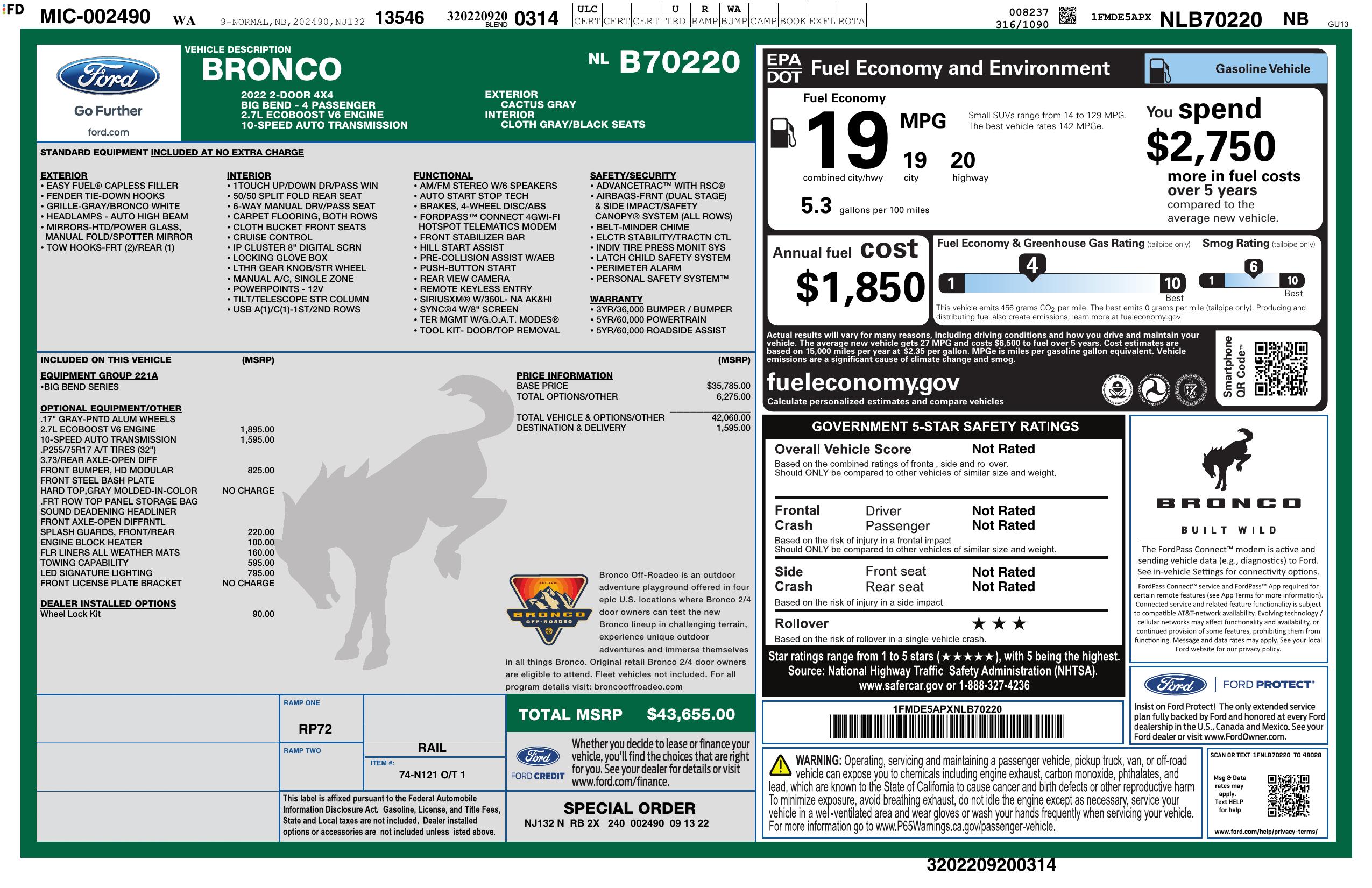 Window Sticker for 2022 Ford Bronco 2 Door 4x4