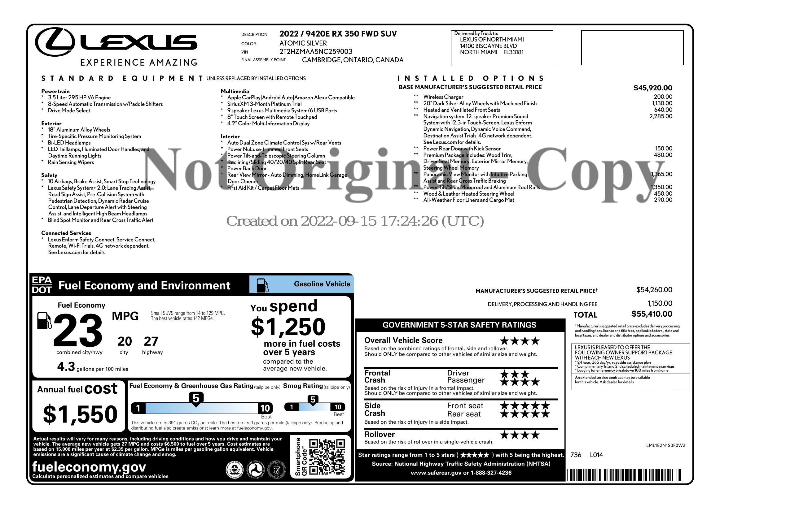Window Sticker for 2022 Lexus Rx Rx 350 Fwd