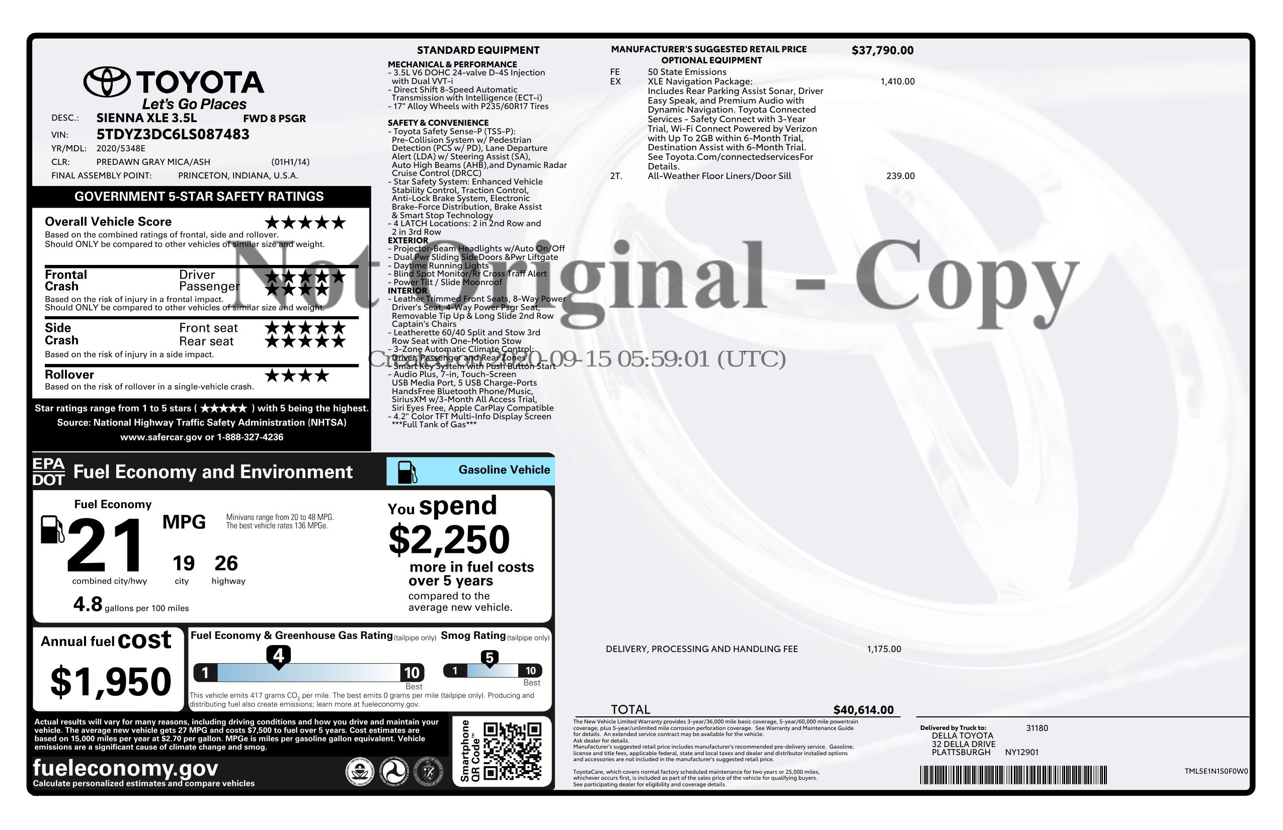 Window Sticker for 2020 Toyota Sienna Fwd (Natl)