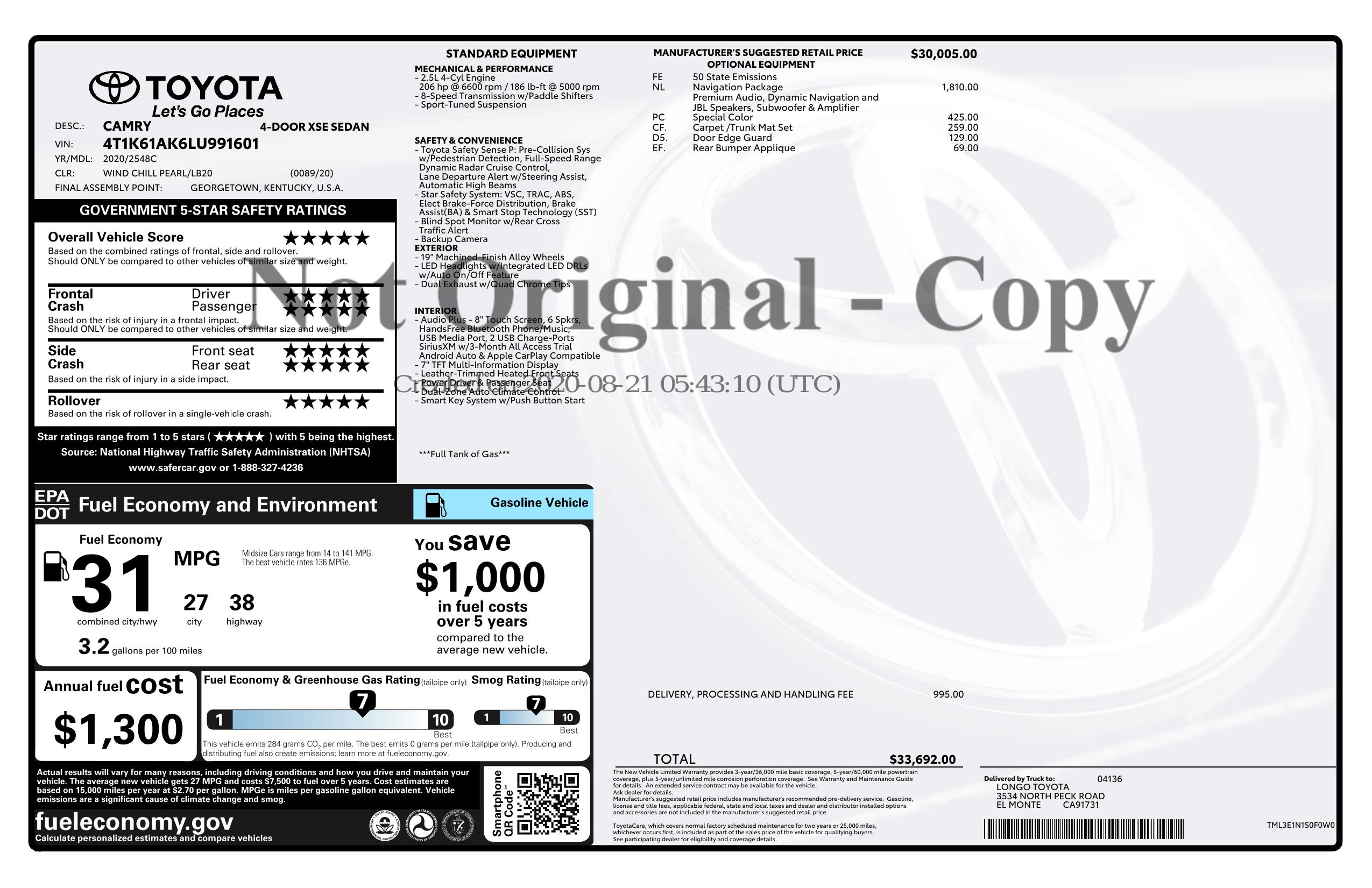 Window Sticker for 2020 Toyota Camry Xse Auto (Natl)