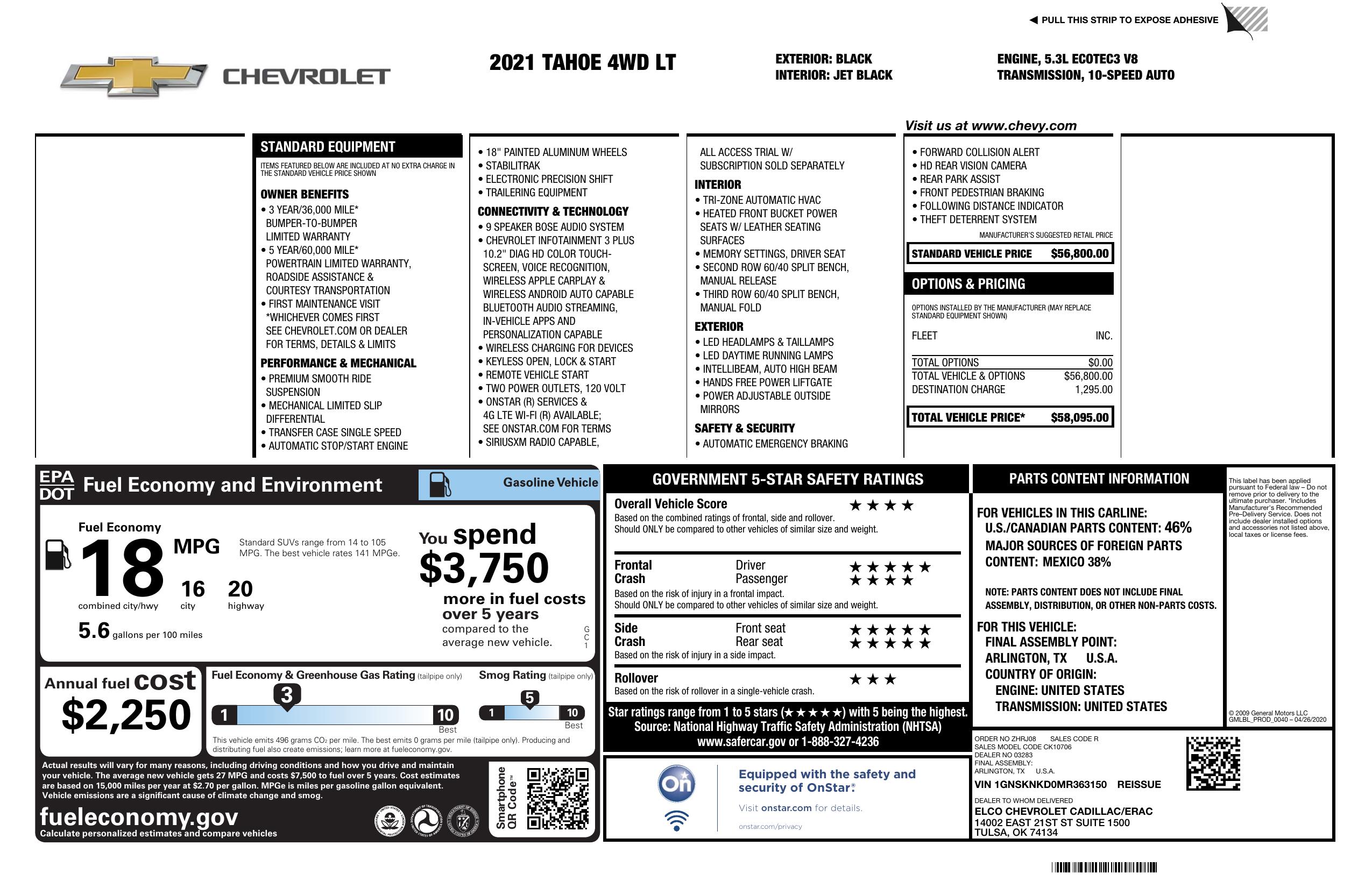 Window Sticker for 2021 Chevrolet Tahoe 4 Wd 4dr Lt