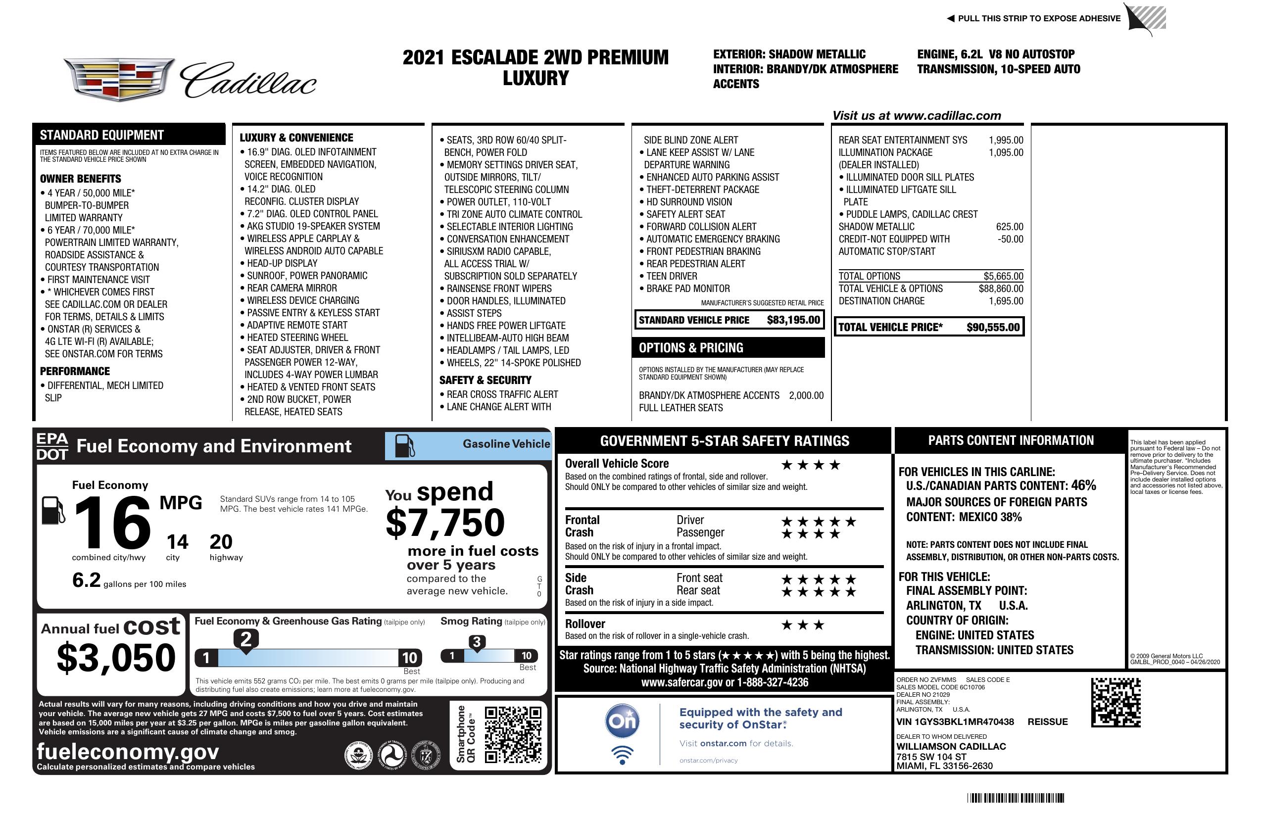 Window Sticker for 2021 Cadillac Escalade 2 Wd 4dr Premium Luxury