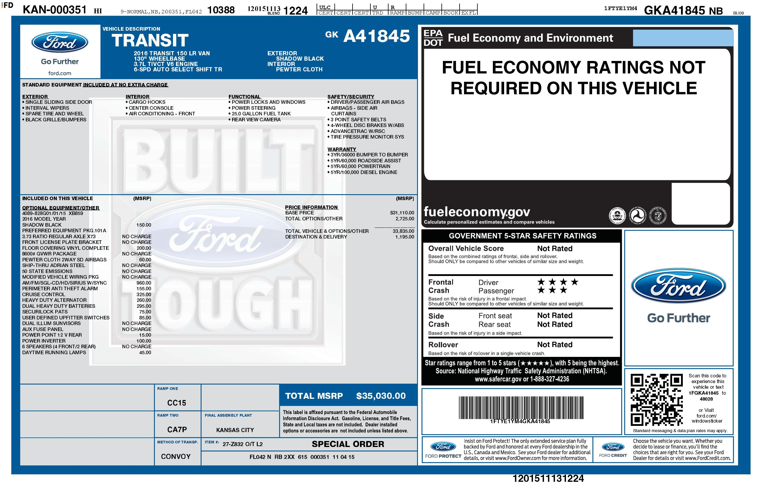 Window Sticker for 2016 Ford Transit Cargo Van T 150 130" Low Rf 8600 ...