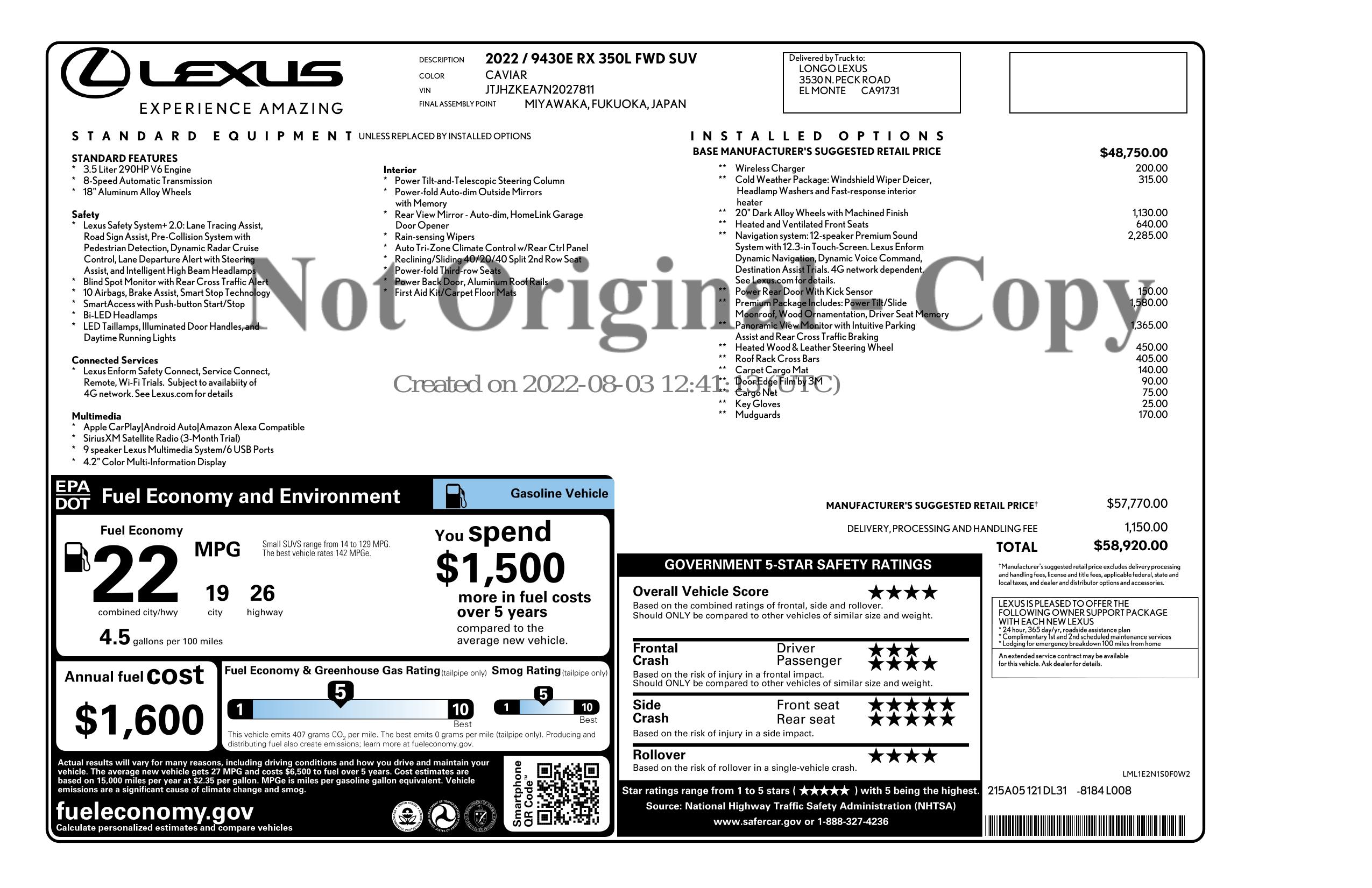 Window Sticker for 2022 Lexus Rx Rx 350 L Fwd