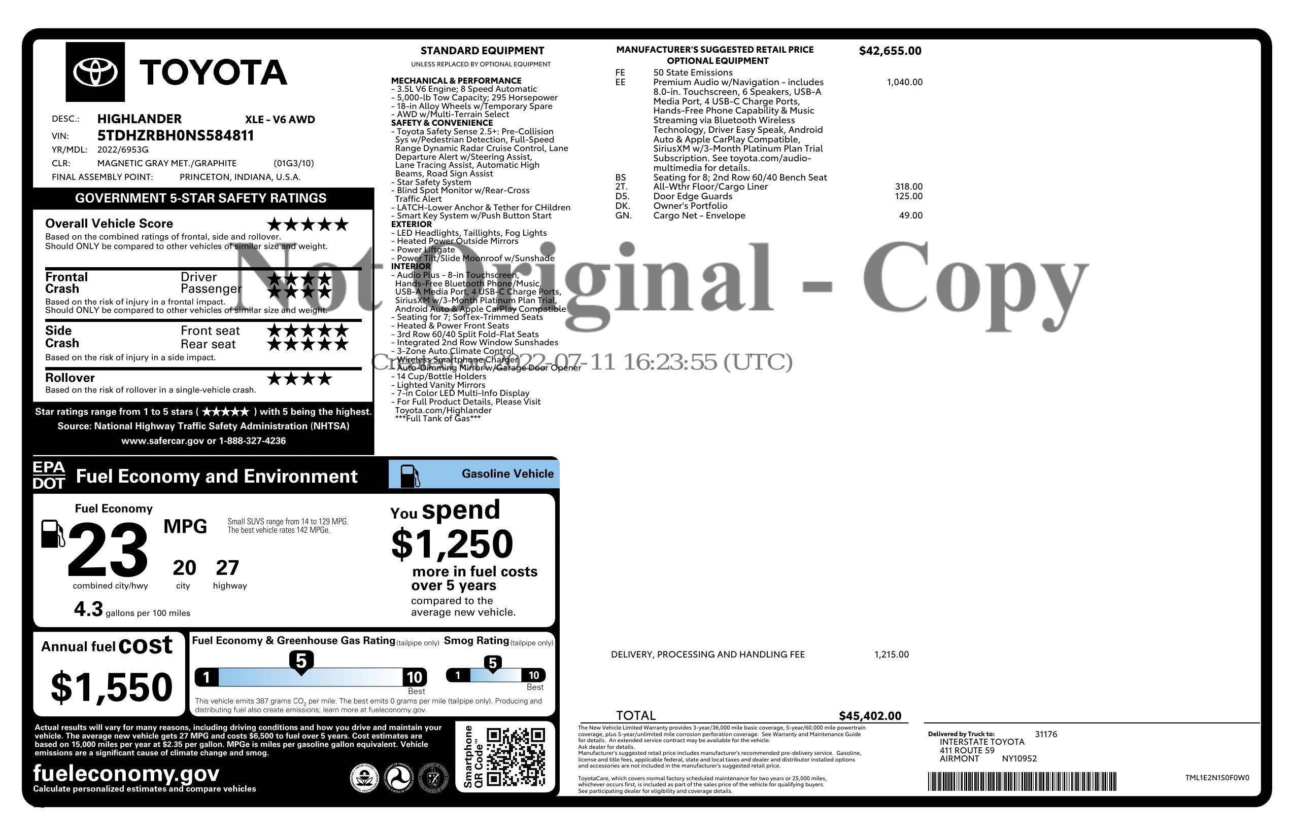 Window Sticker for 2022 Toyota Highlander Xle