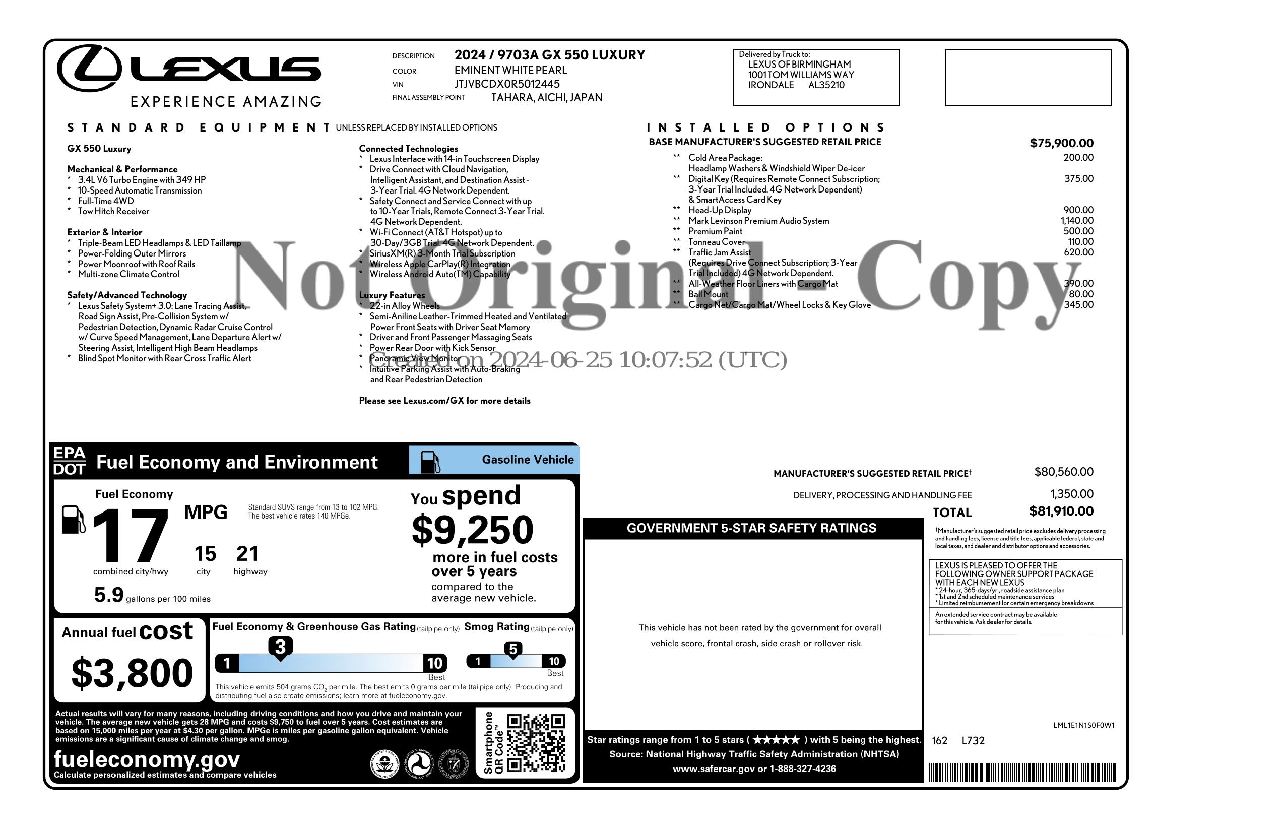 Window Sticker for 2024 Lexus Gx 550 4 Wd