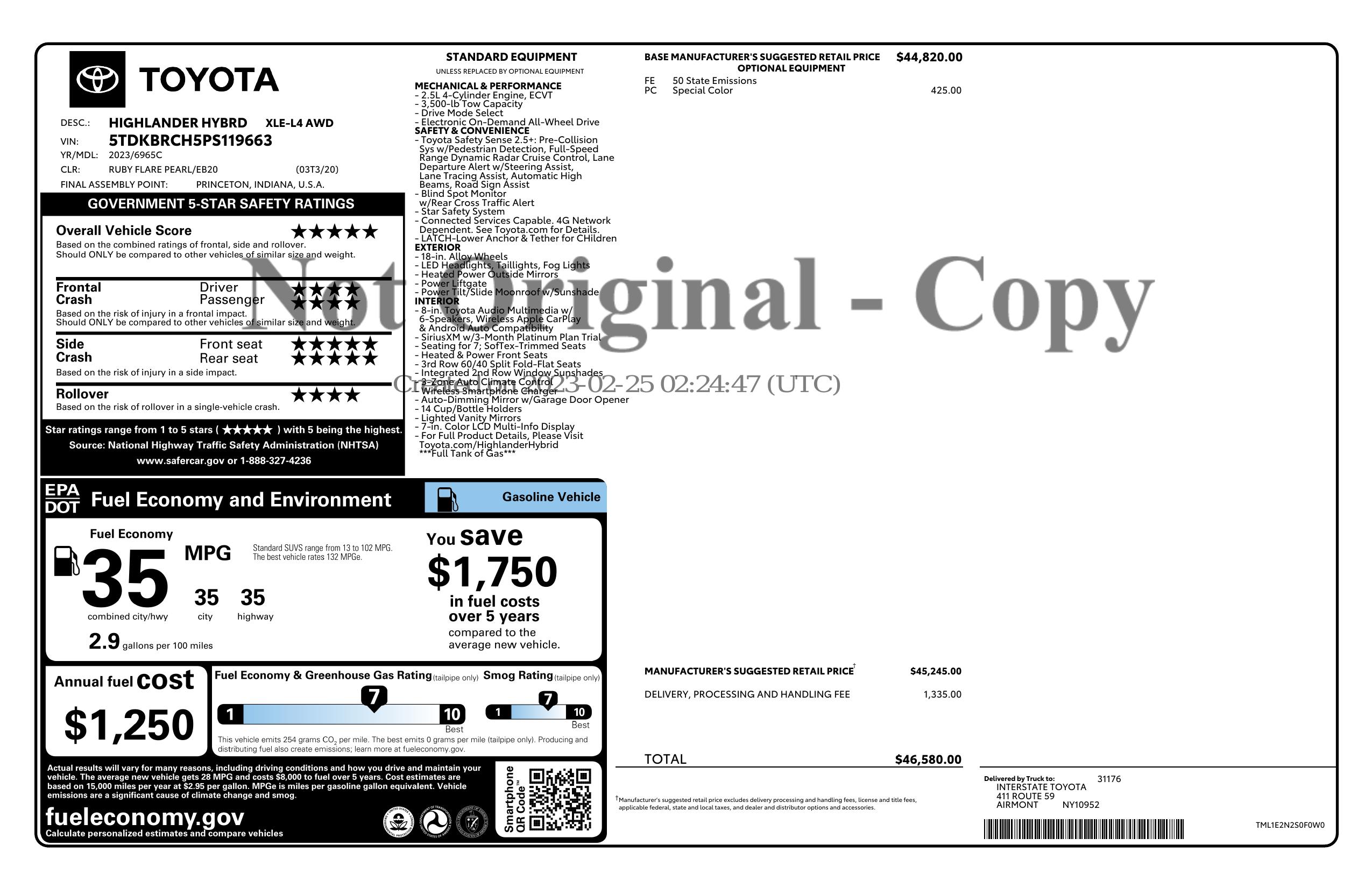 Window Sticker for 2023 Toyota Highlander Xle