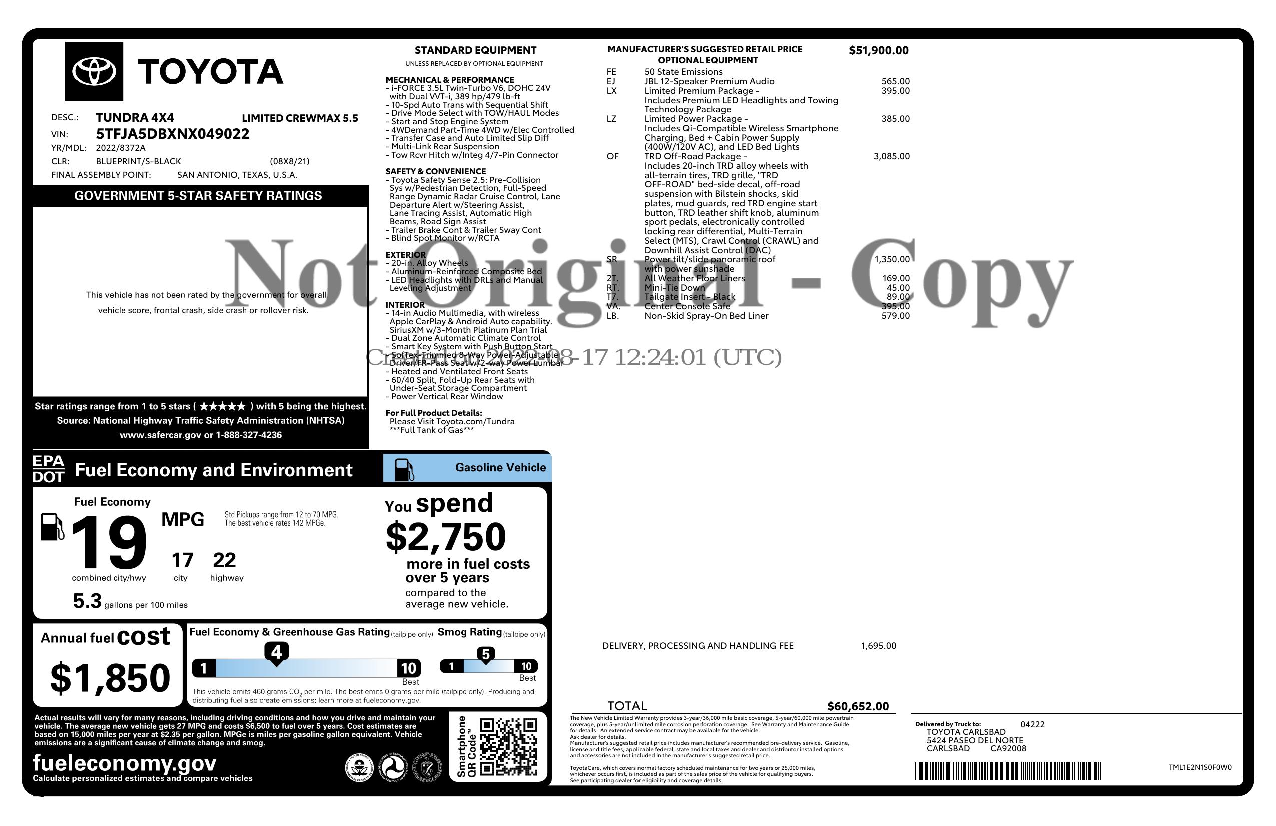 Window Sticker for 2022 Toyota Tundra 4 Wd Limited Crew Max 5.5' Bed (Natl)