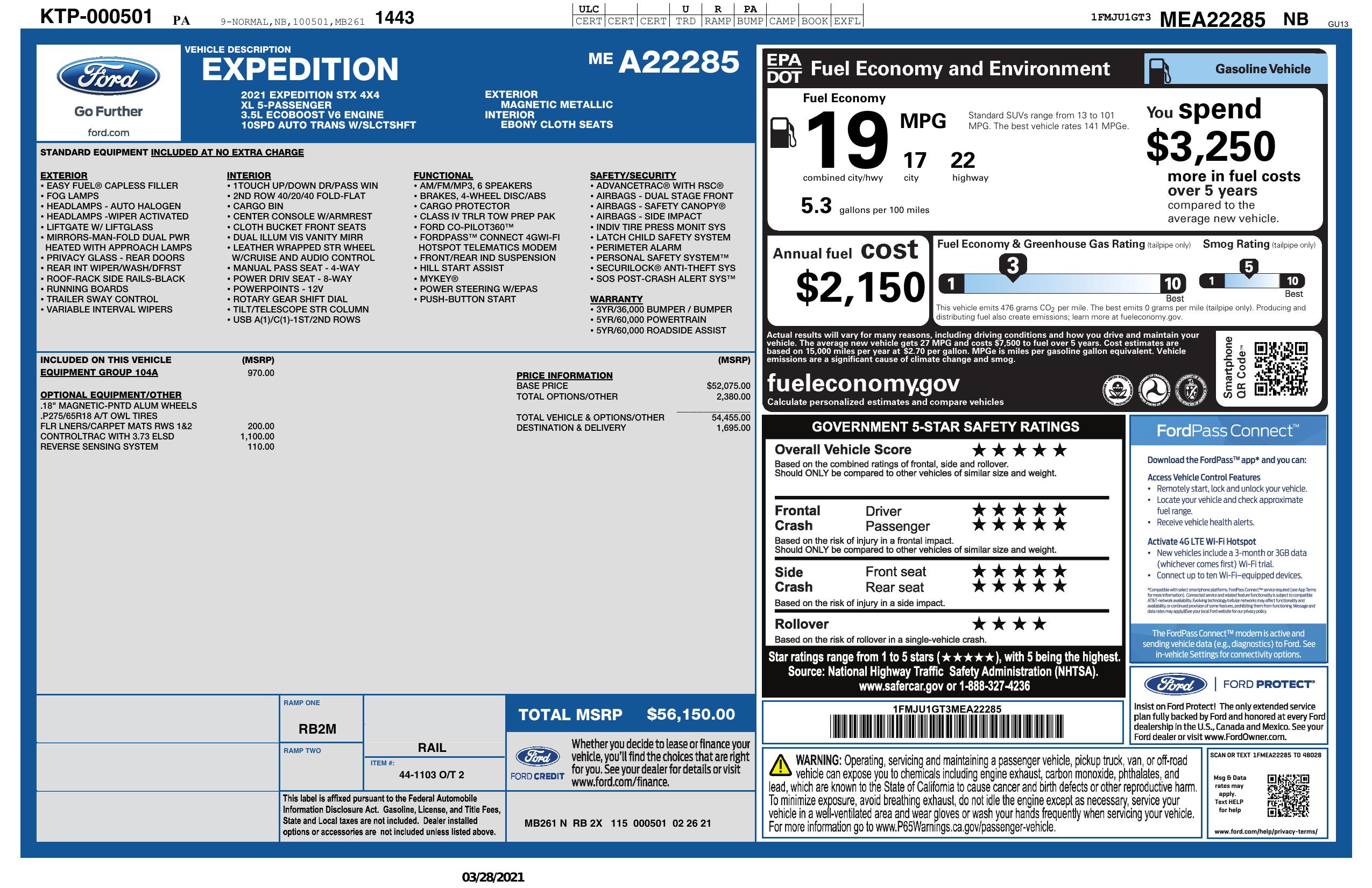 Window Sticker for 2021 Ford Expedition Xl 4x4