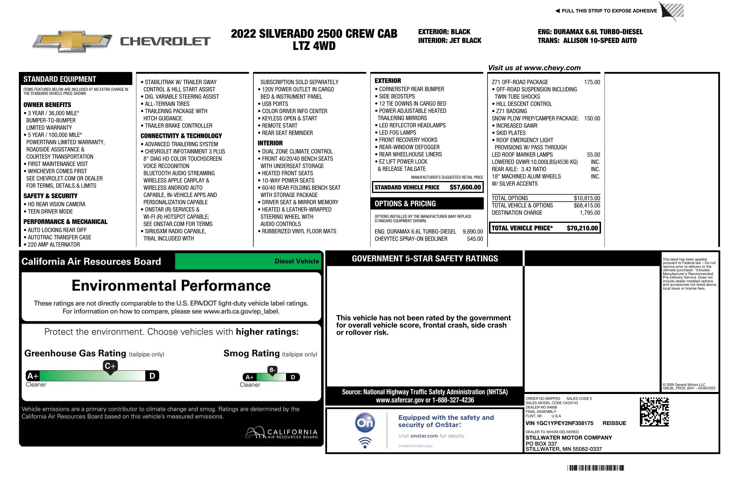 Window Sticker for 2022 Chevrolet Silverado 2500 Hd 4 Wd Crew Cab 159" Ltz