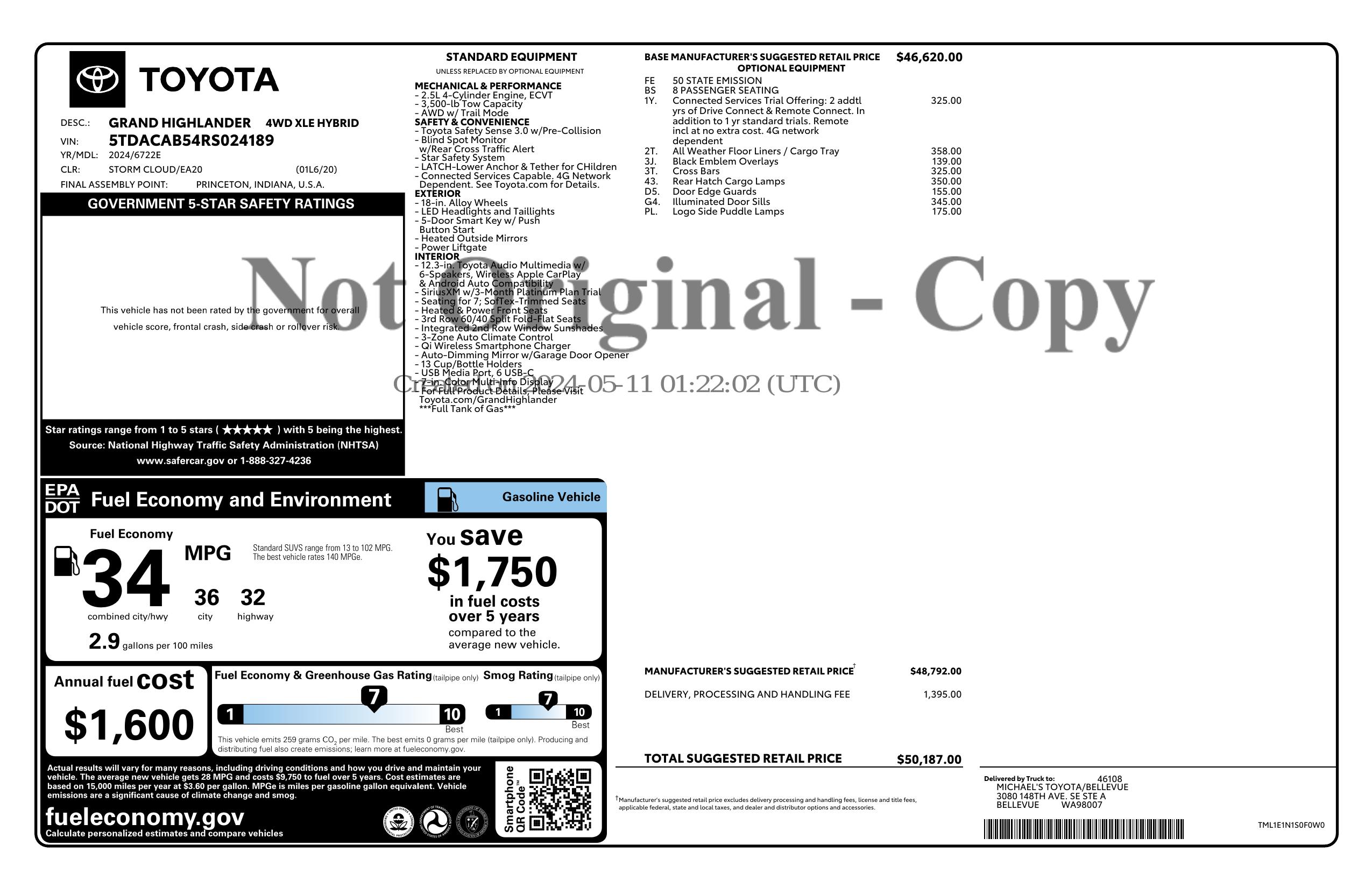 Window Sticker for 2024 Toyota Grand Highlander Hybrid Awd (Natl)