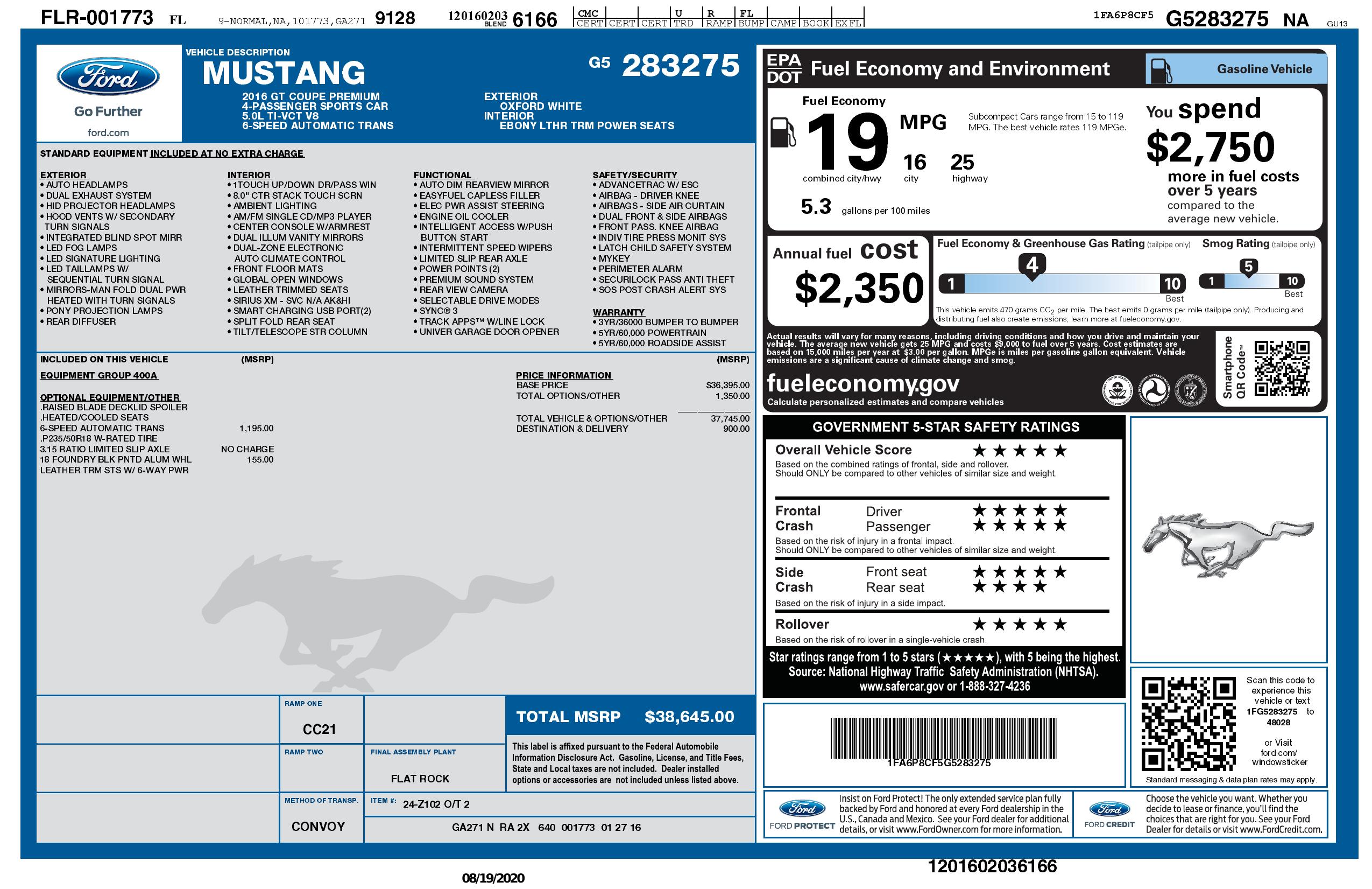 Window Sticker for 2016 Ford Mustang 2dr Fastback Gt