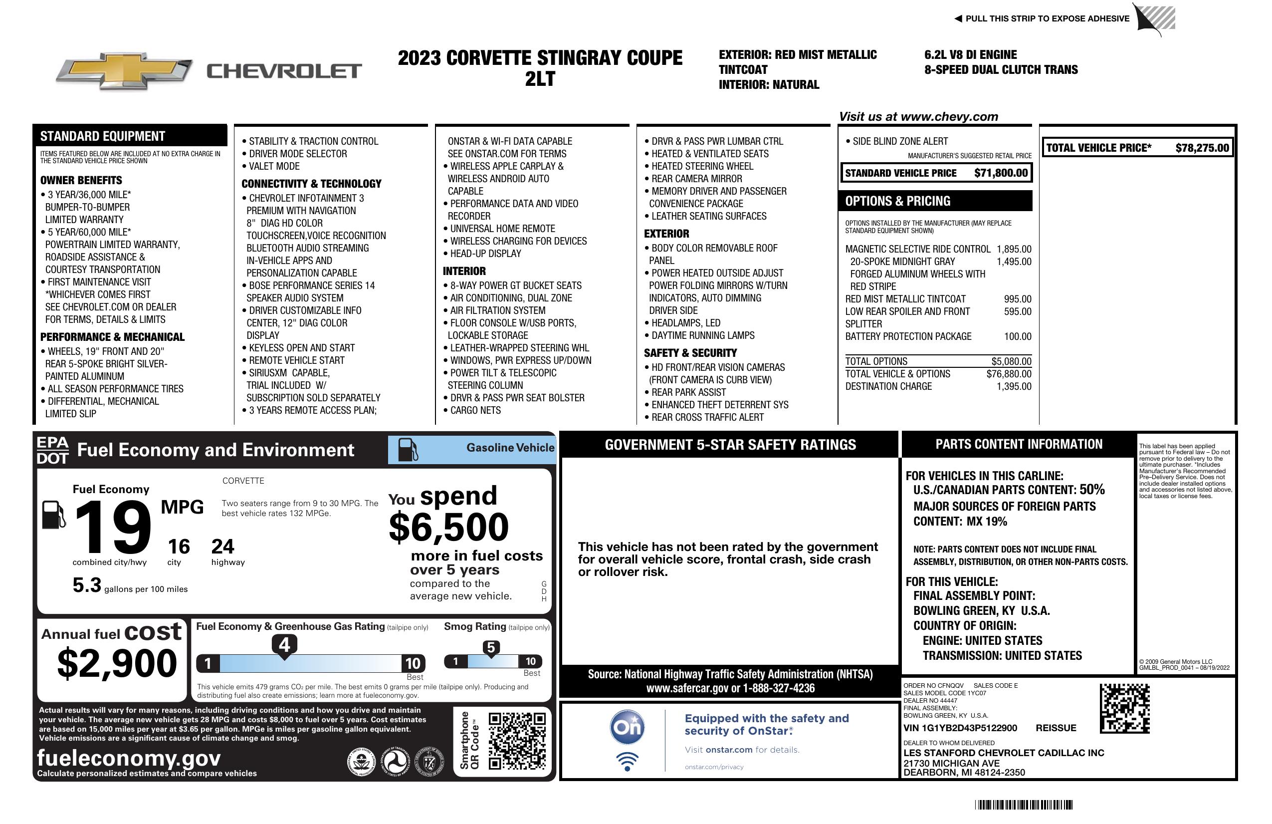 Window Sticker for 2023 Chevrolet Corvette 2dr Stingray Cpe W/2 Lt
