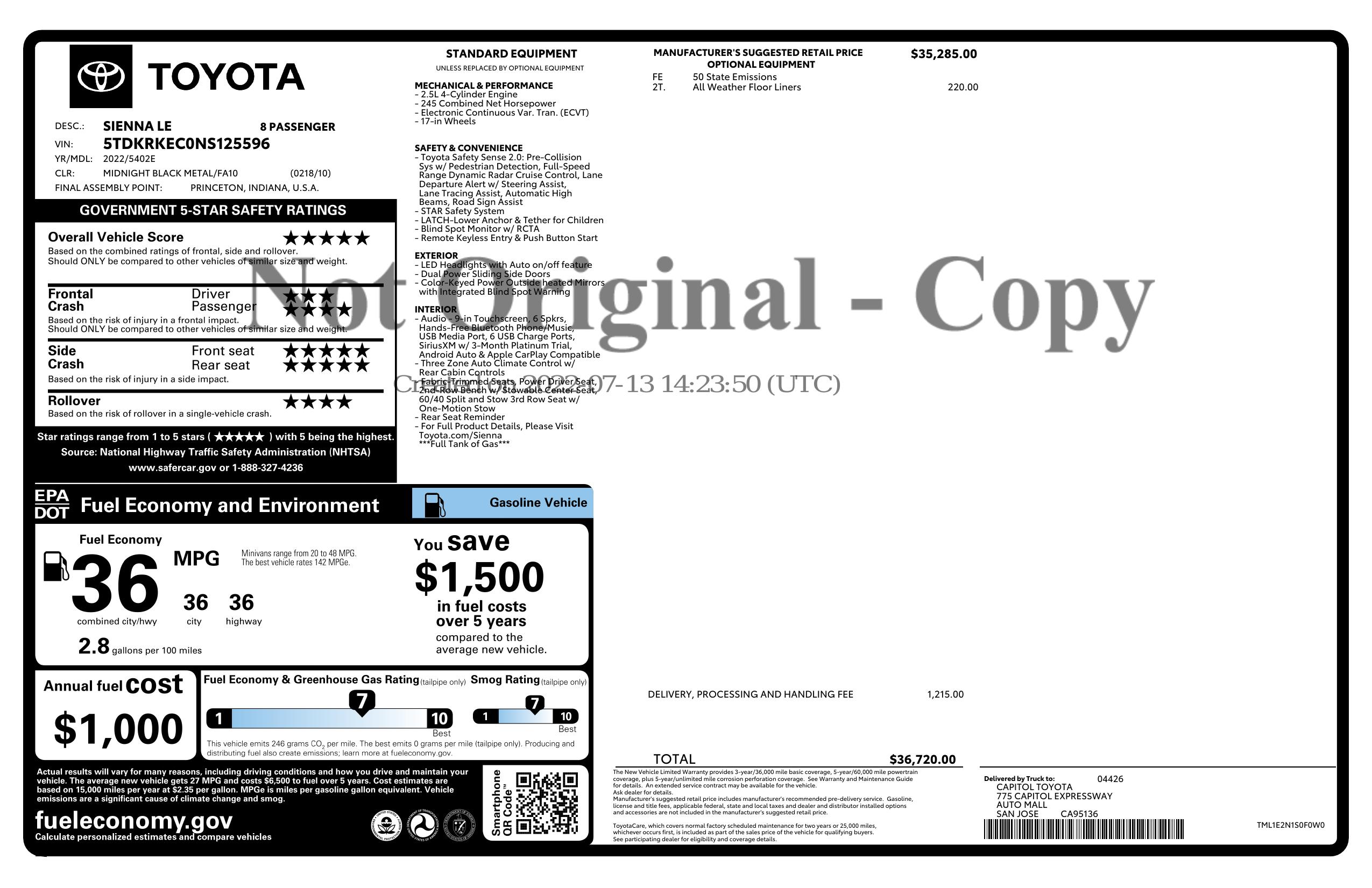 Window Sticker for 2022 Toyota Sienna Le Fwd 8 Passenger (Natl)