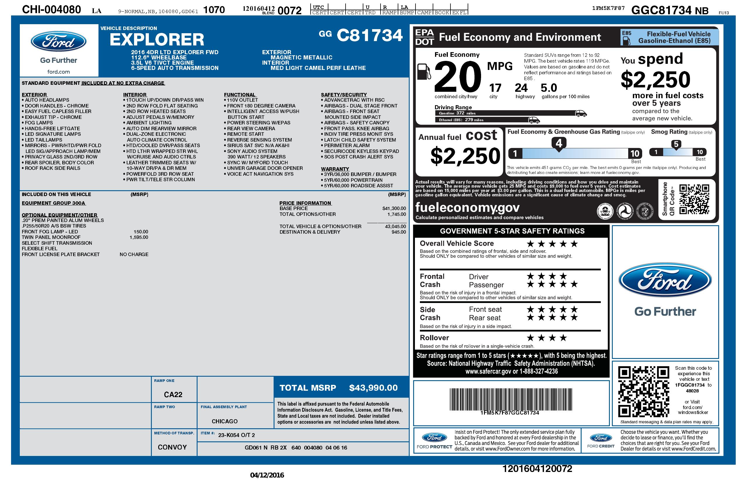 Window Sticker for 2016 Ford Explorer Fwd 4dr Limited