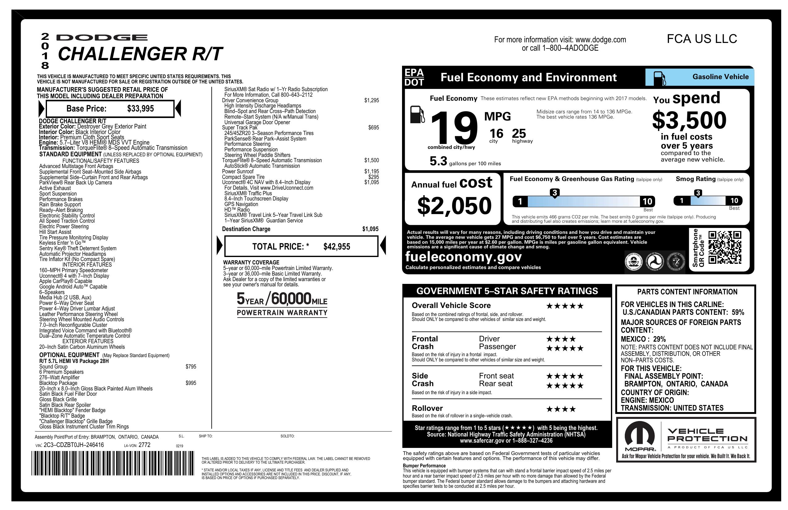 Window Sticker for 2018 Dodge Challenger R/T Rwd