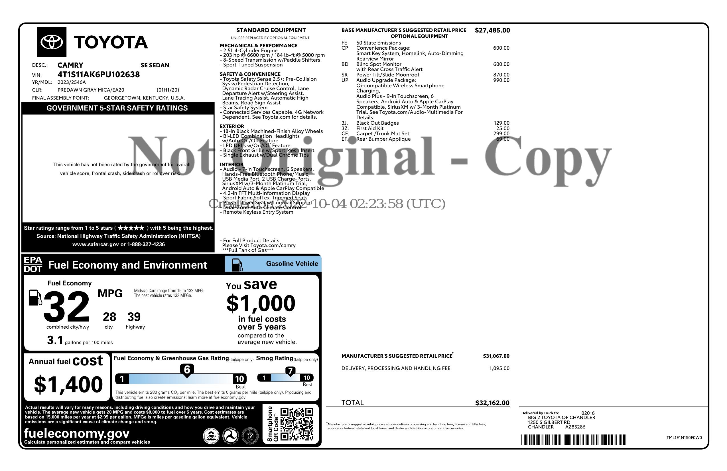 Window Sticker for 2023 Toyota Camry Se (Natl)
