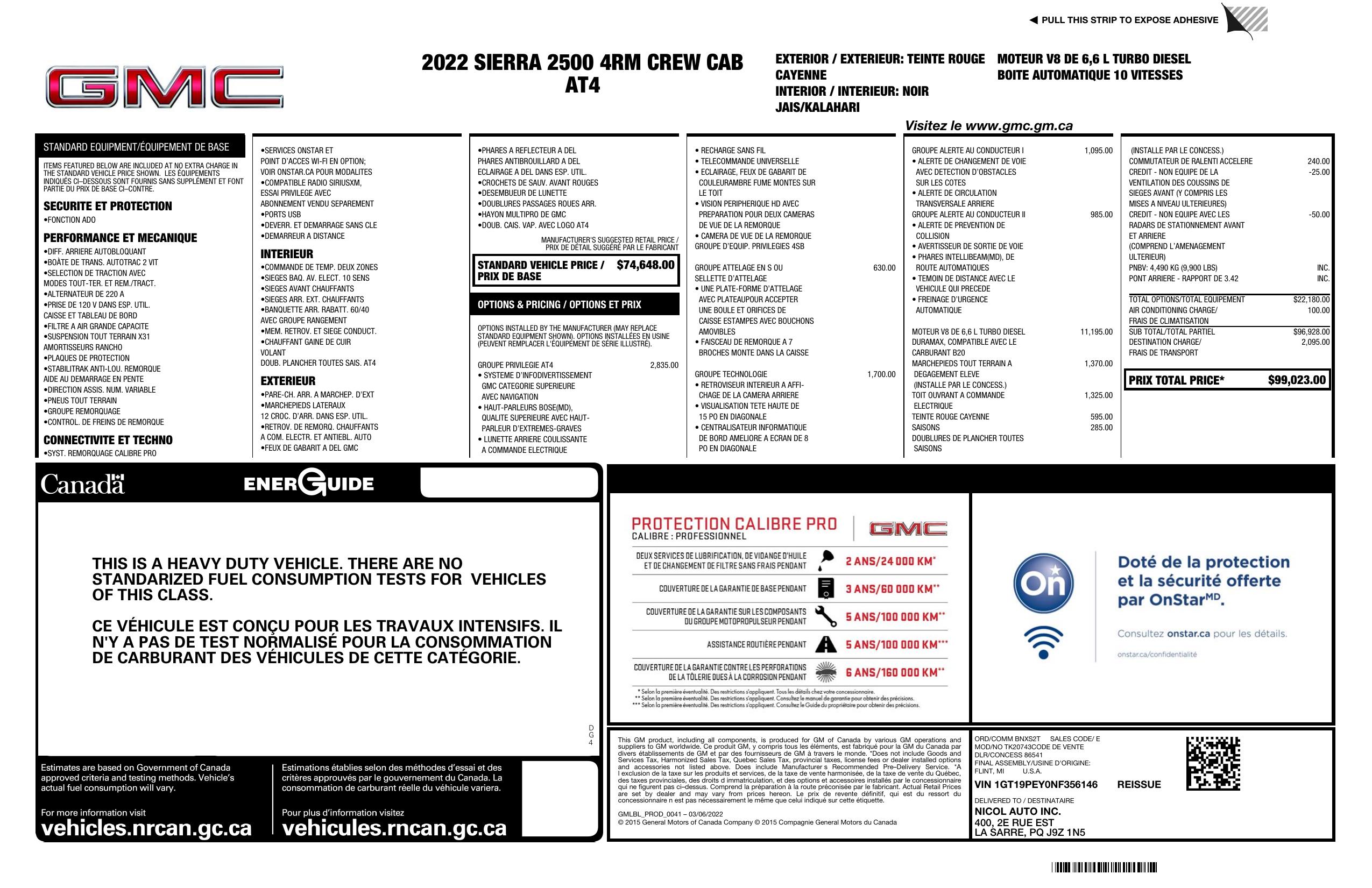 Window Sticker for 2022 GMC Sierra 2500 Hd At4