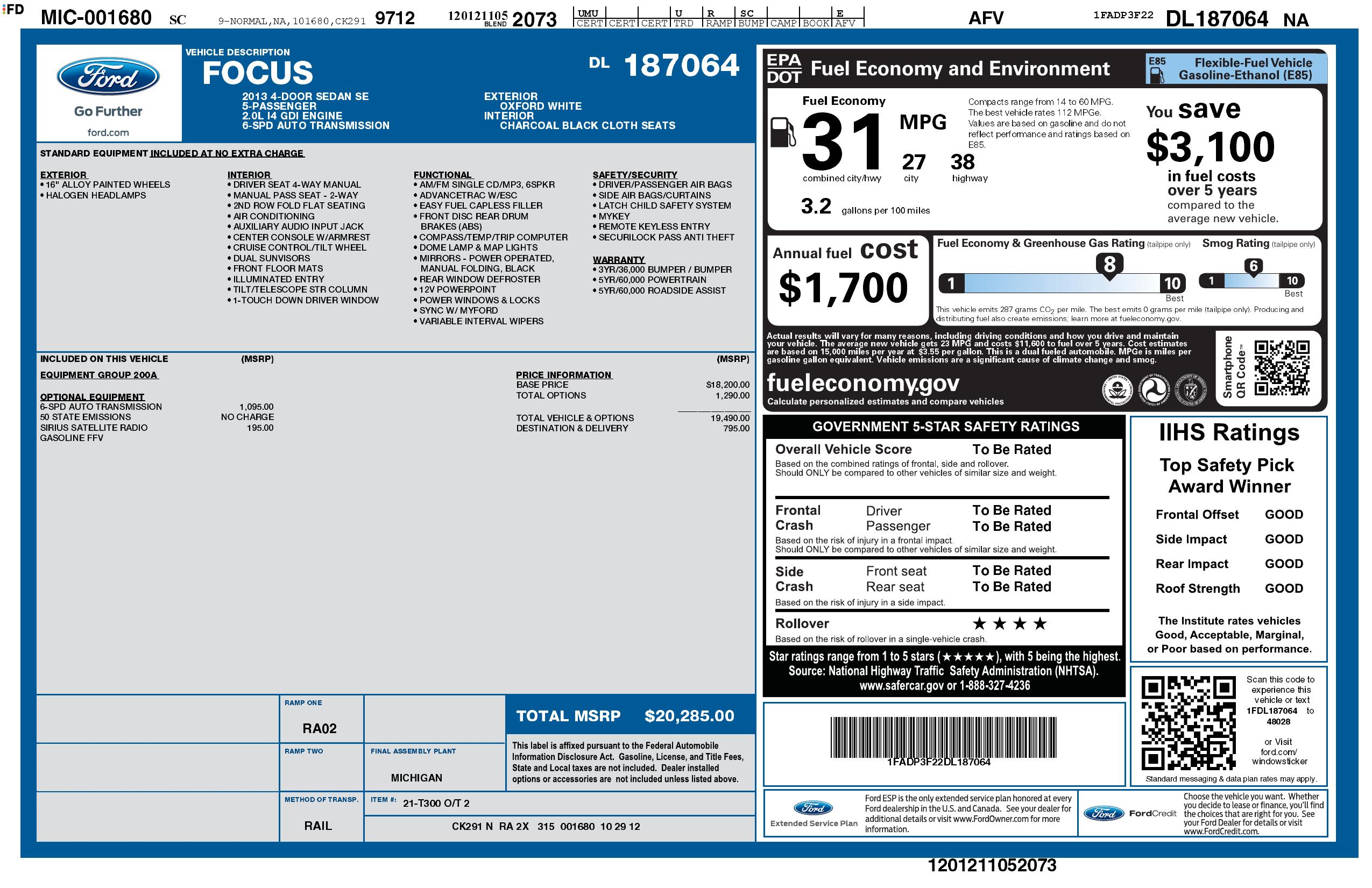 Window Sticker for 2013 Ford Focus 4dr Sdn Se