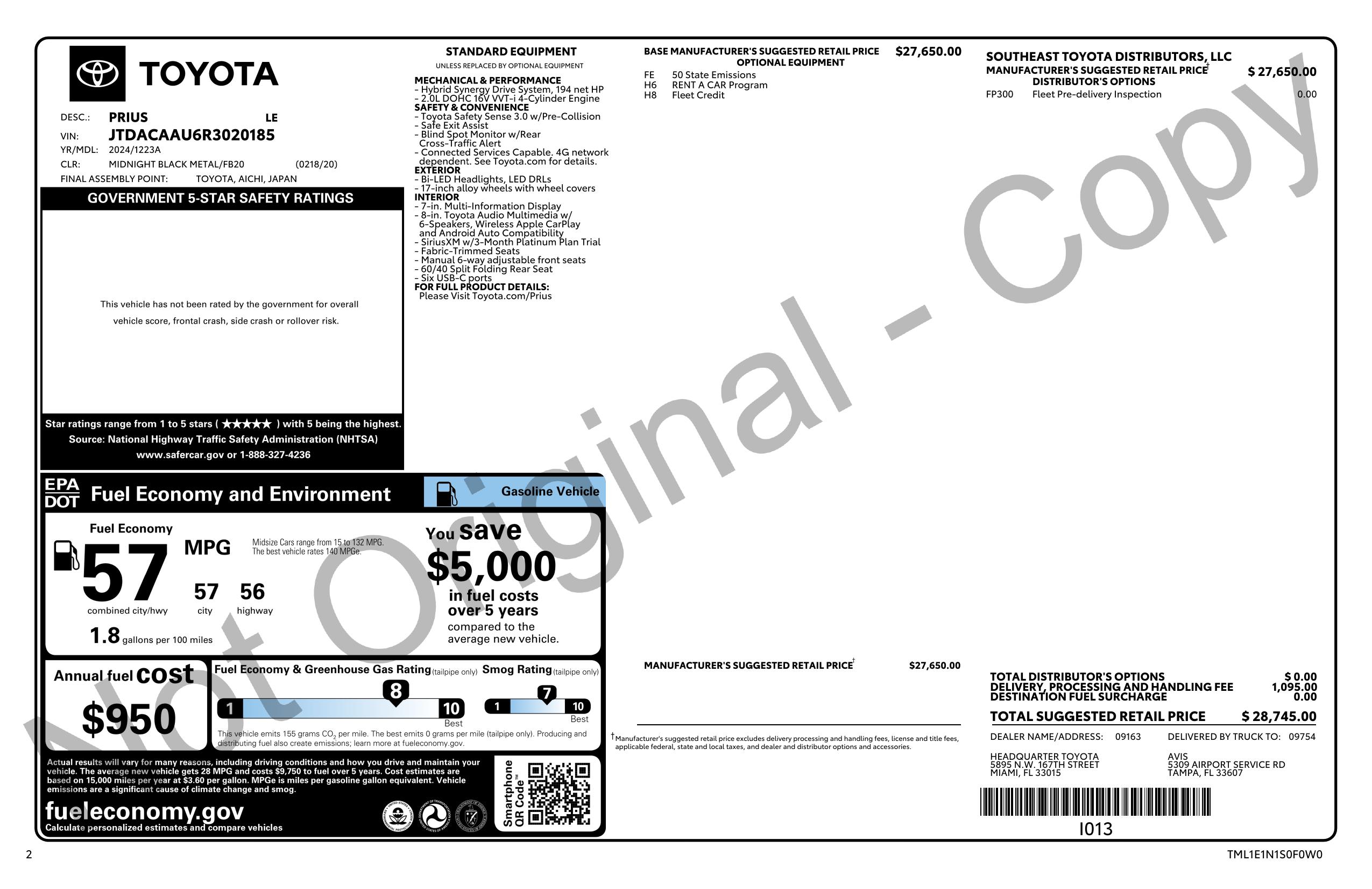 Window Sticker for 2024 Toyota Prius Le