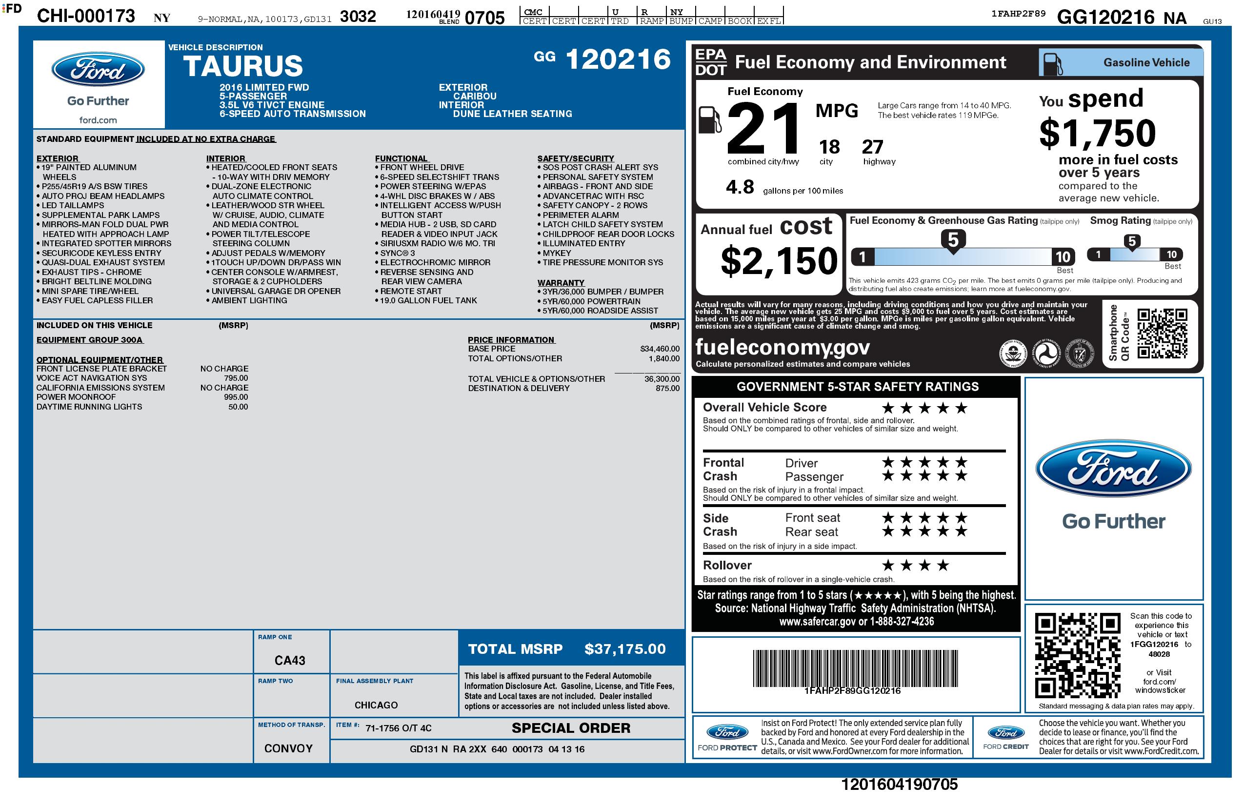 Window Sticker for 2016 Ford Taurus 4dr Sdn Limited Fwd