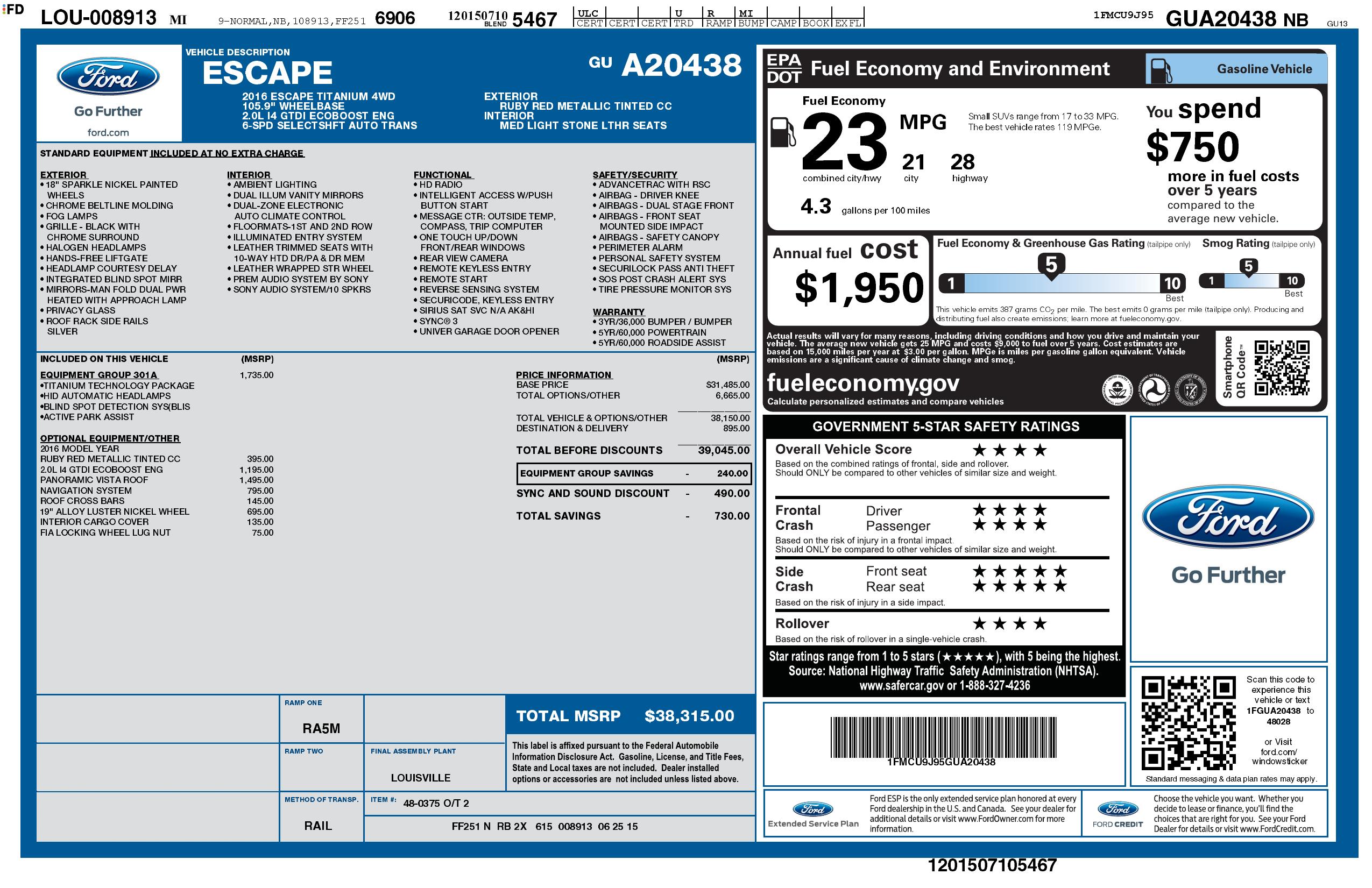 Window Sticker for 2016 Ford Escape 4 Wd 4dr Titanium