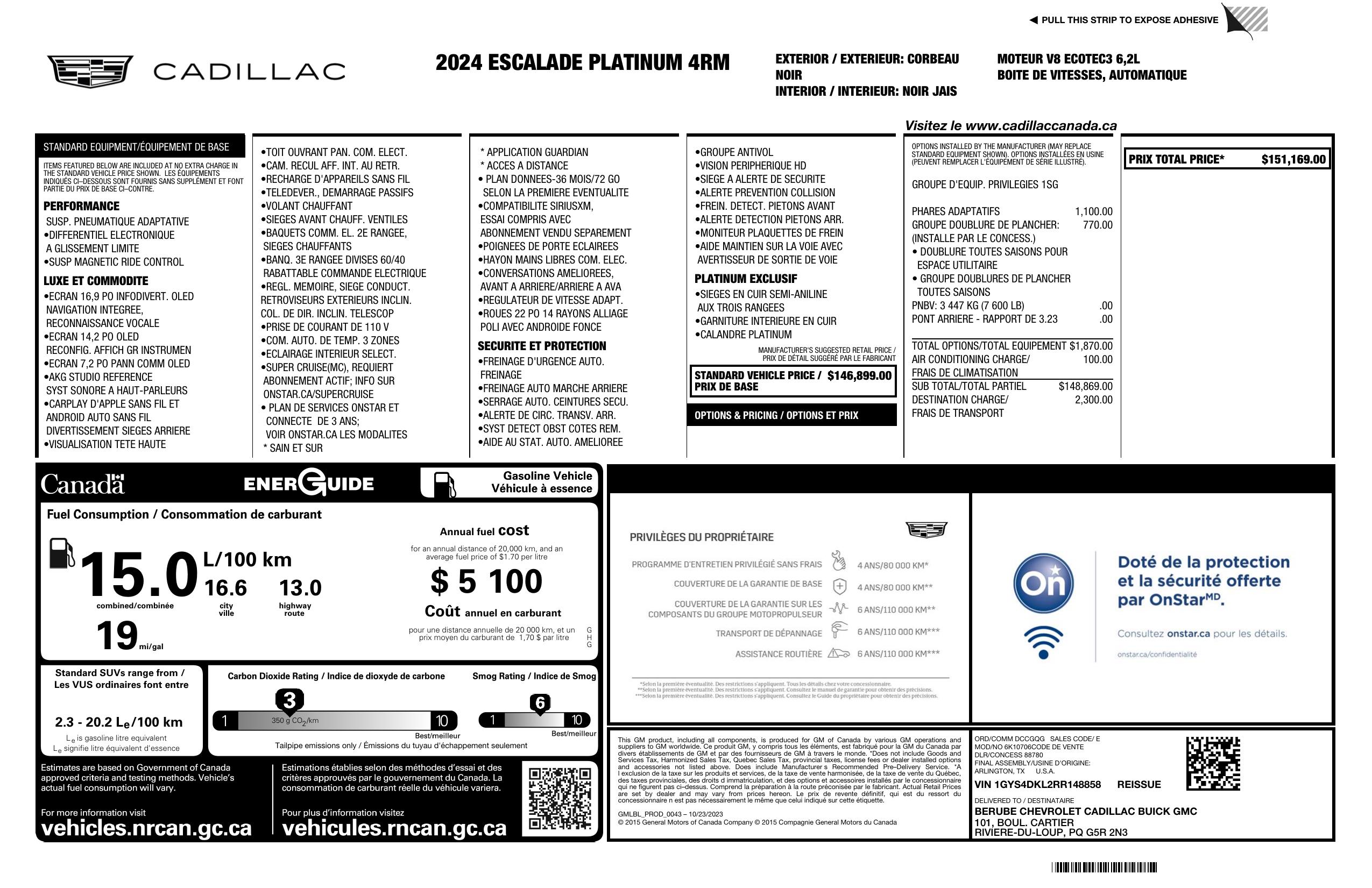 Window Sticker for 2024 Cadillac Escalade Premium Luxury Platinum