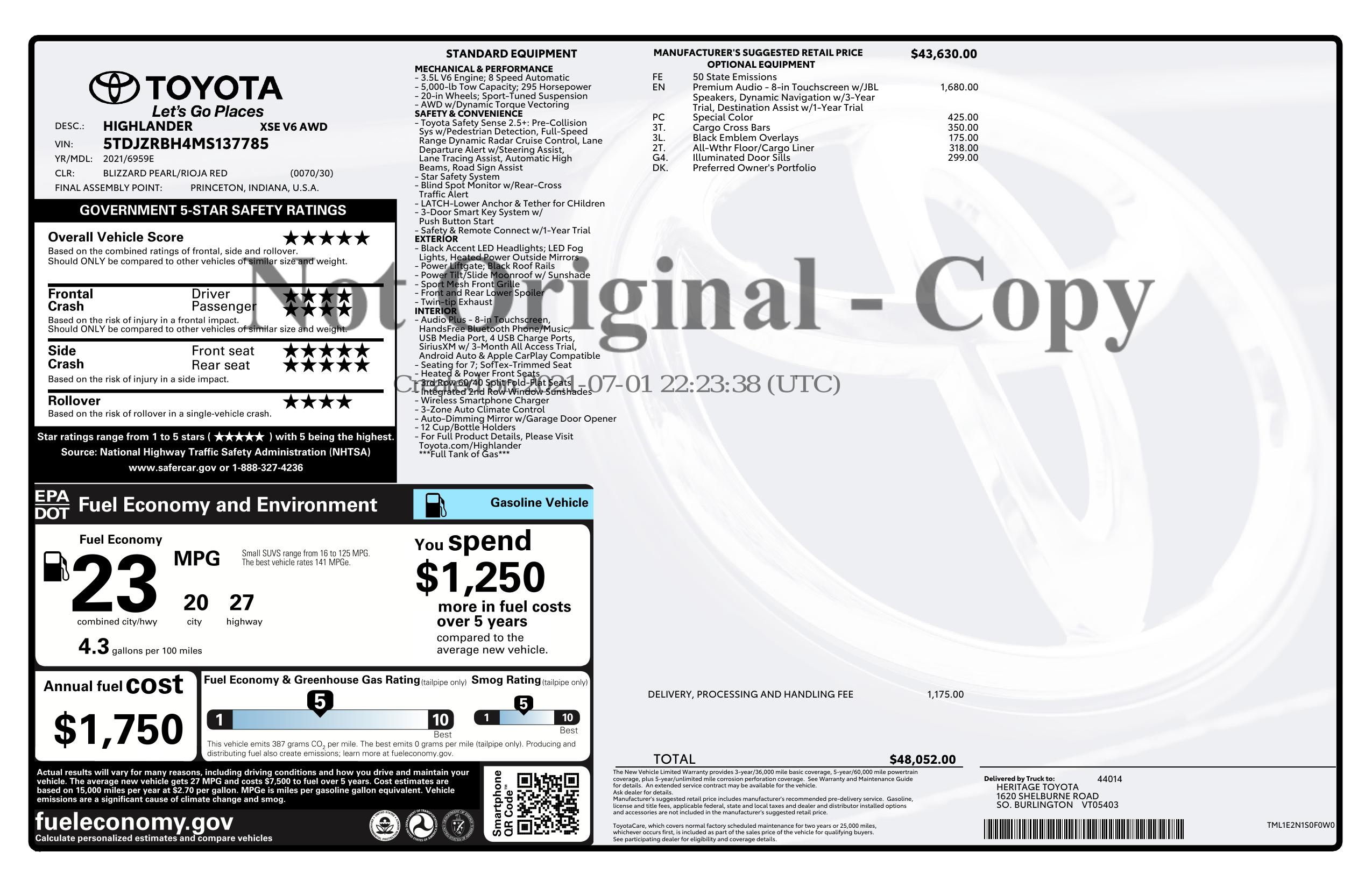 Window Sticker for 2021 Toyota Highlander Xse Awd (Natl)