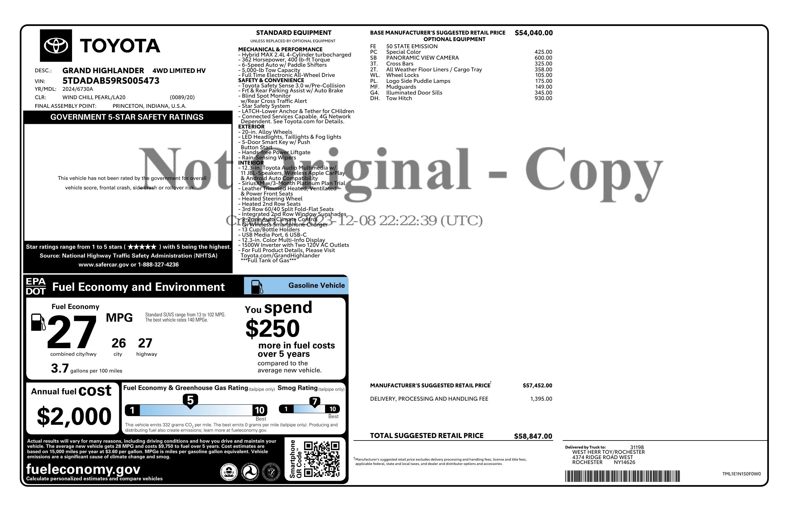 Window Sticker for 2024 Toyota Grand Highlander Hybrid Max Awd (Natl)