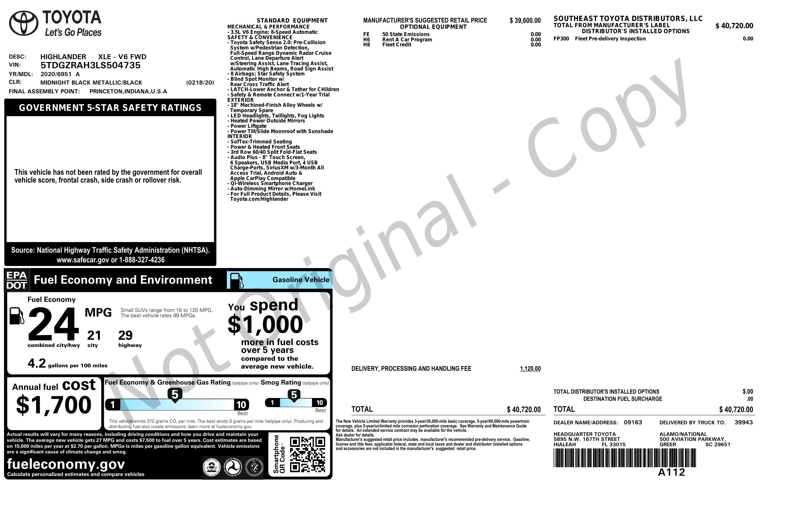 Window Sticker for 2020 Toyota Highlander Xle Fwd (Natl)