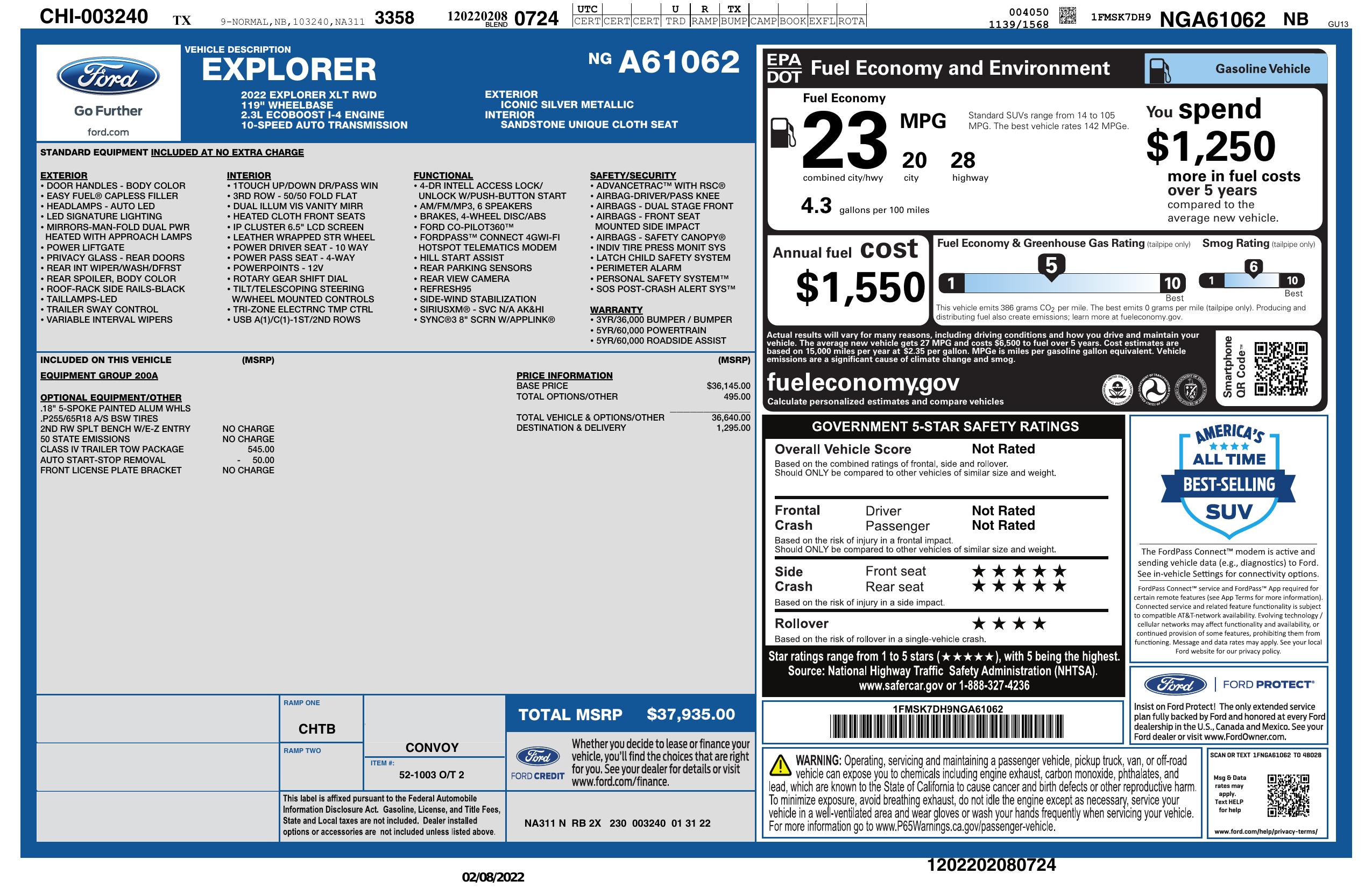 Window Sticker for 2022 Ford Explorer Xlt Rwd