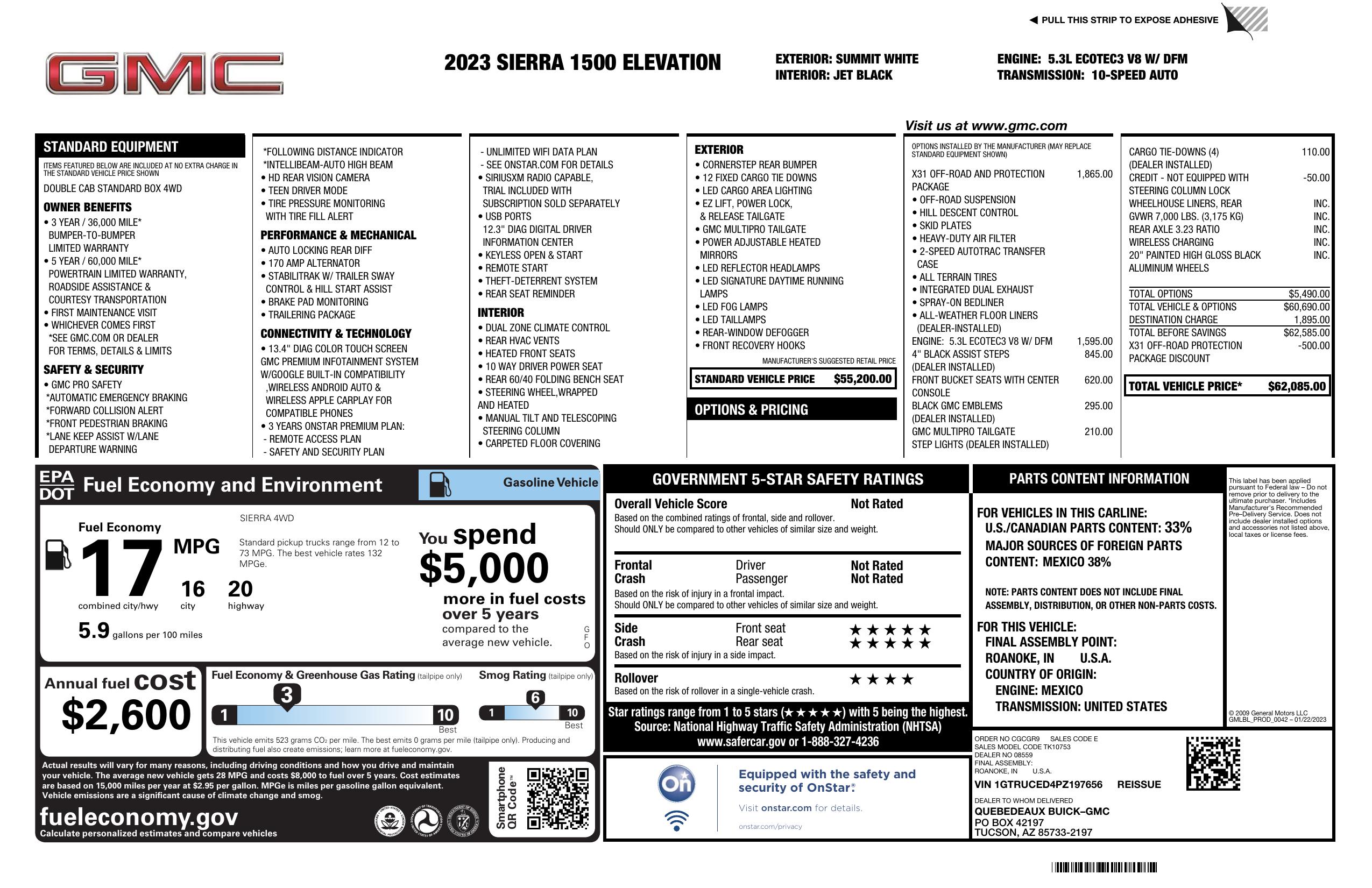 Window Sticker for 2023 GMC Sierra 1500 4 Wd Double Cab 147" Elevation ...