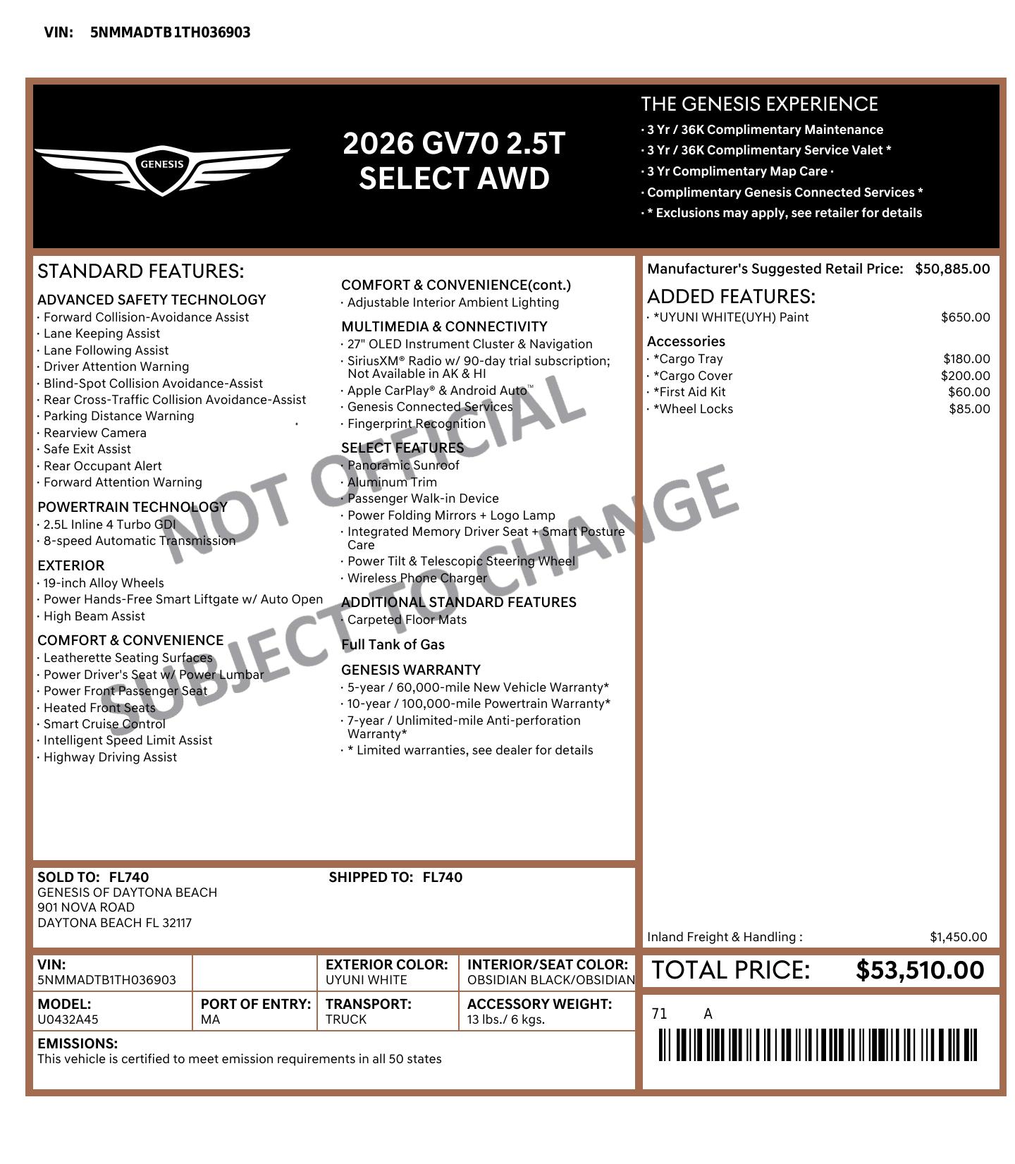 Window Sticker for 2026 Genesis Gv70 Awd 2.5 T Select 4dr Suv