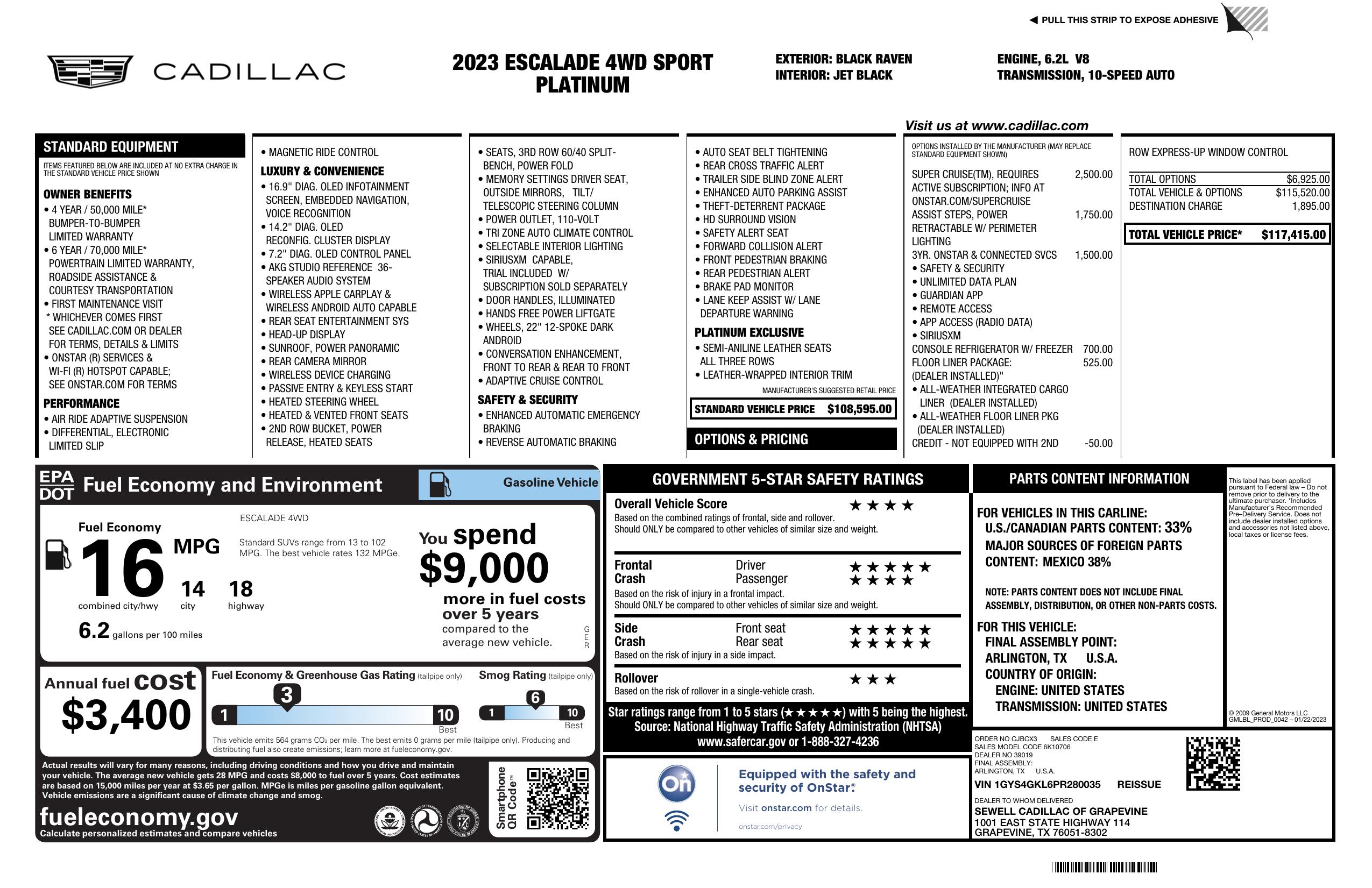 Window Sticker for 2023 Cadillac Escalade 4 Wd 4dr Sport Platinum