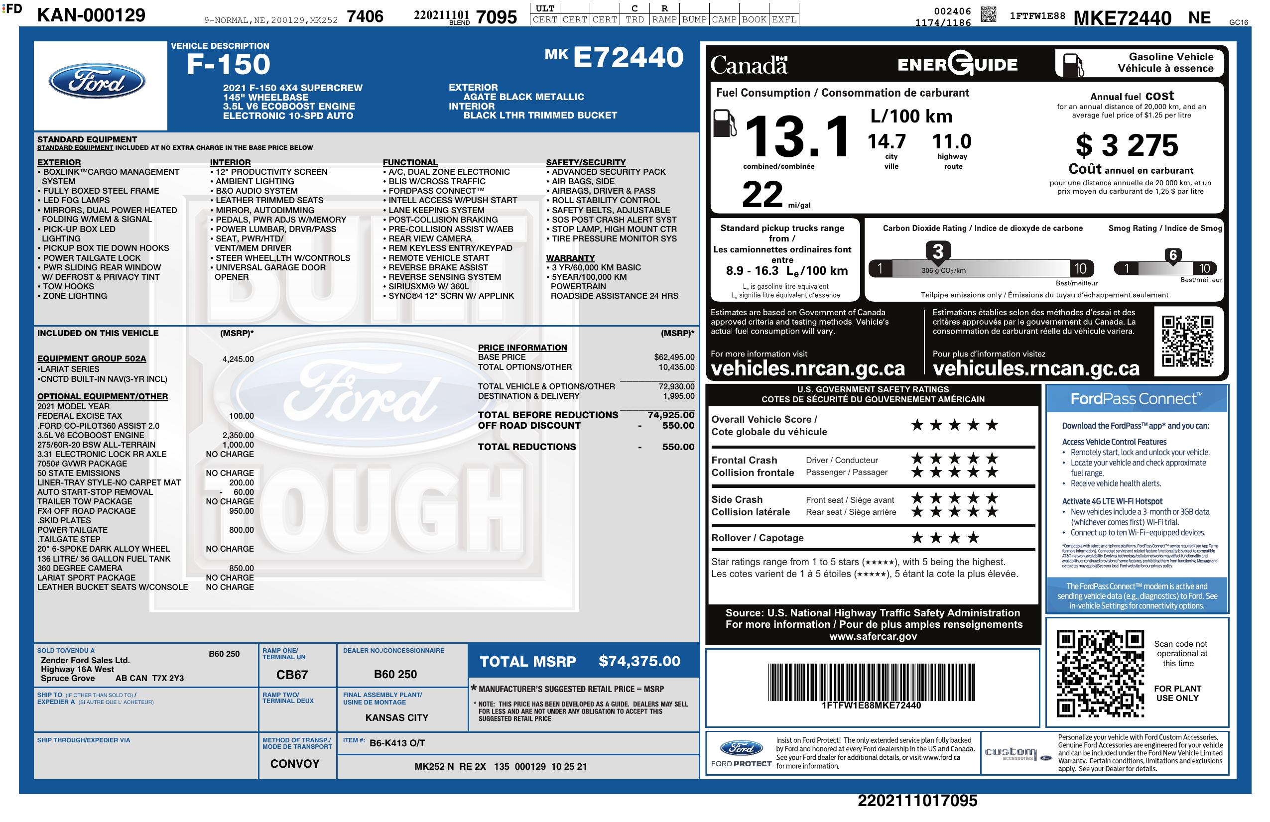 Window Sticker for 2021 Ford F 150 4 Wd Super Crew Box