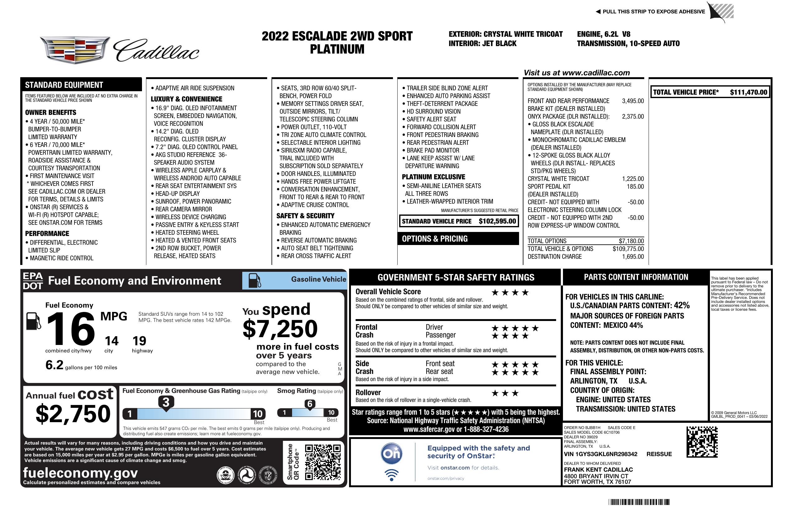 Window Sticker for 2022 Cadillac Escalade 2 Wd 4dr Sport Platinum