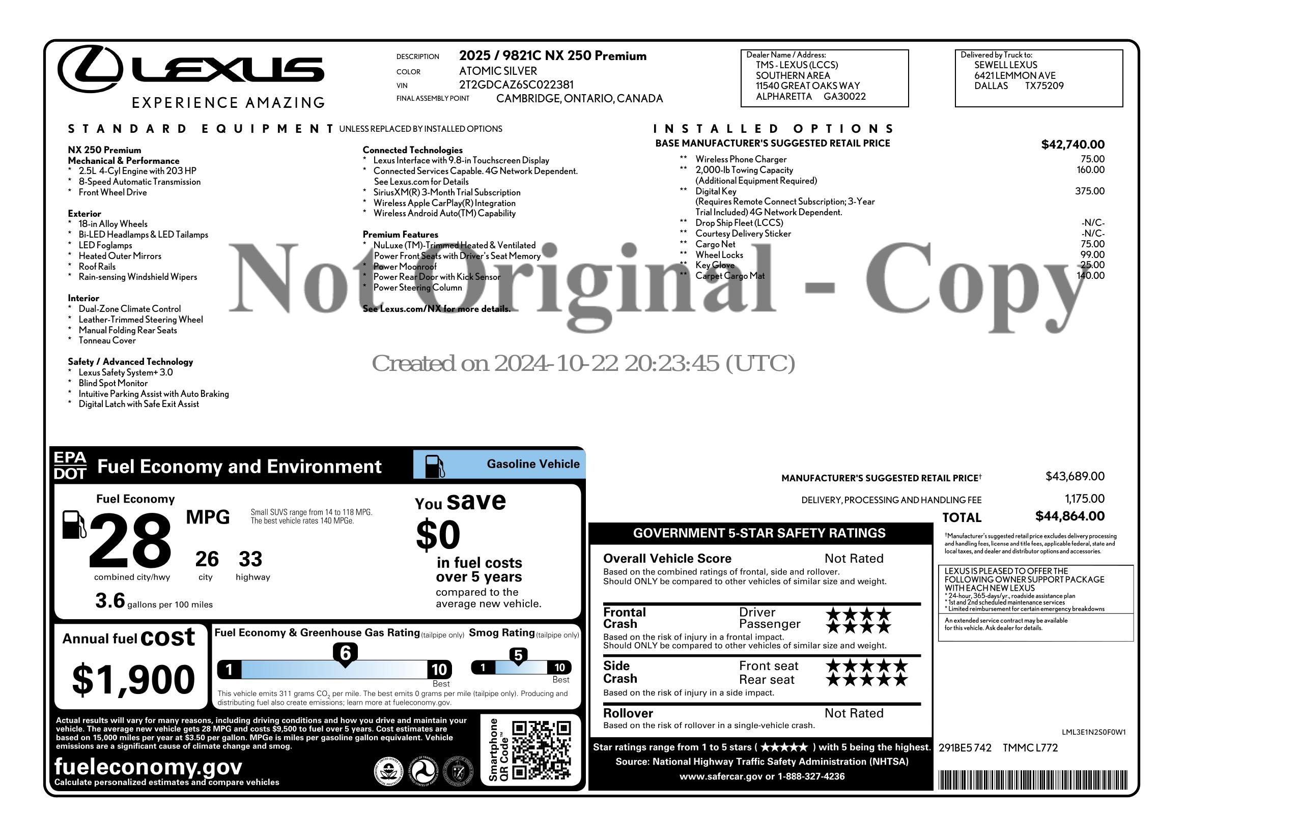 Window Sticker for 2025 Lexus Nx 250 Premium