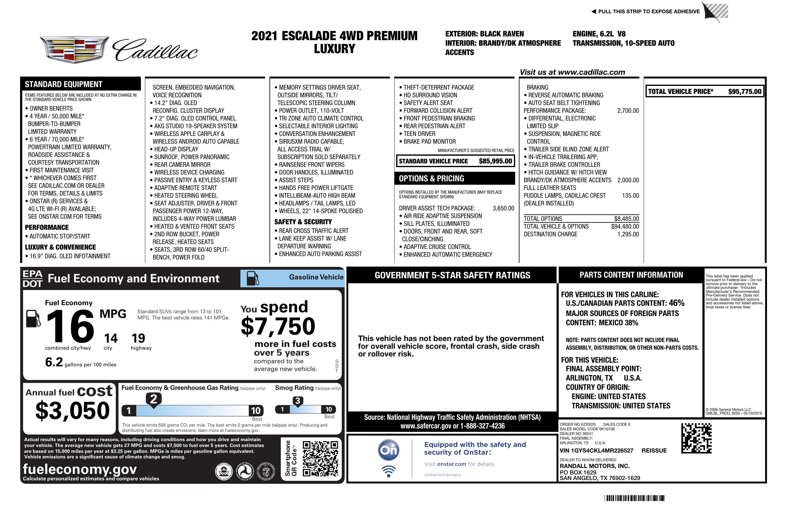 Window Sticker for 2021 Cadillac Escalade 4 Wd 4dr Premium Luxury