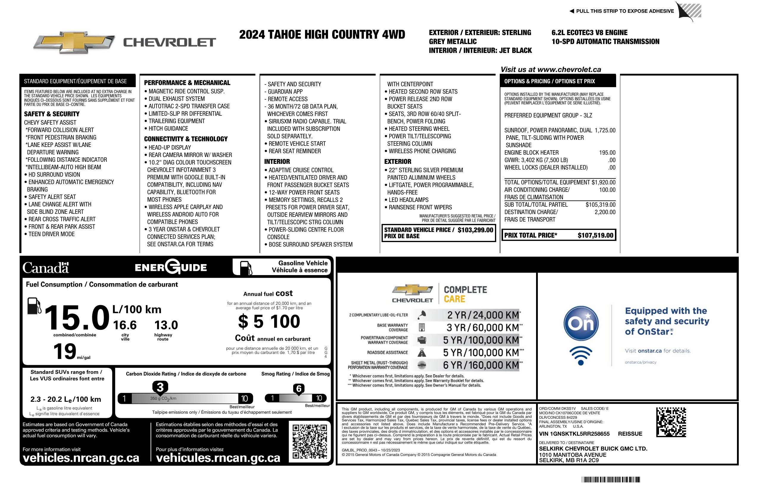 Window Sticker for 2024 Chevrolet Tahoe 4 Wd 4dr High Country