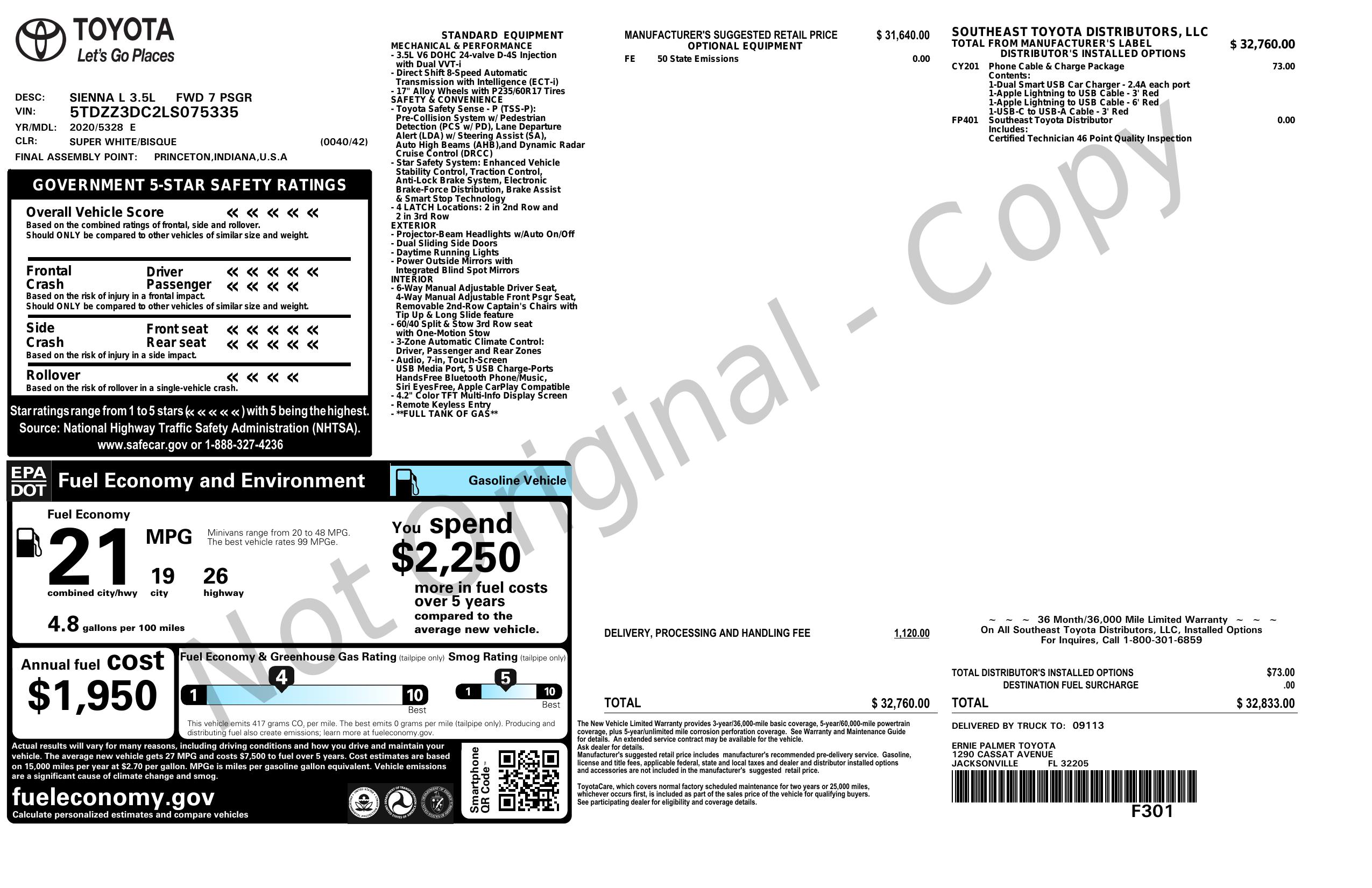 Window Sticker for 2020 Toyota Sienna L Fwd 7 Passenger (Natl)