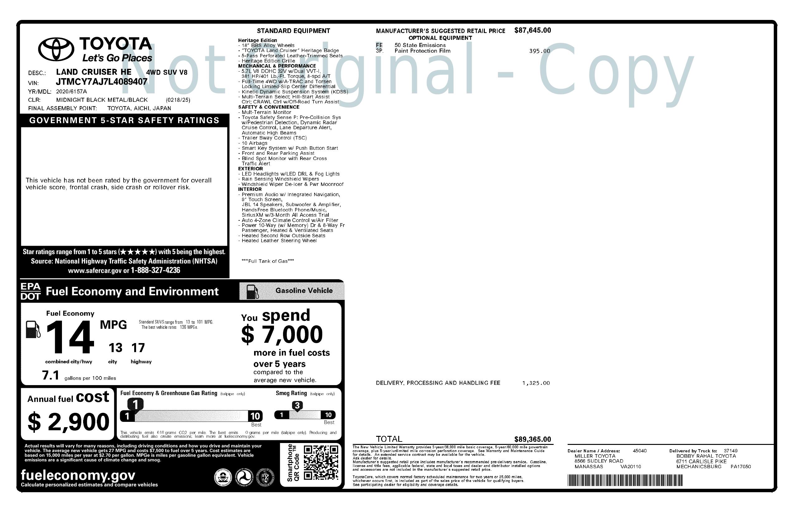 Window Sticker for 2020 Toyota Land Cruiser 4 Wd (Natl)