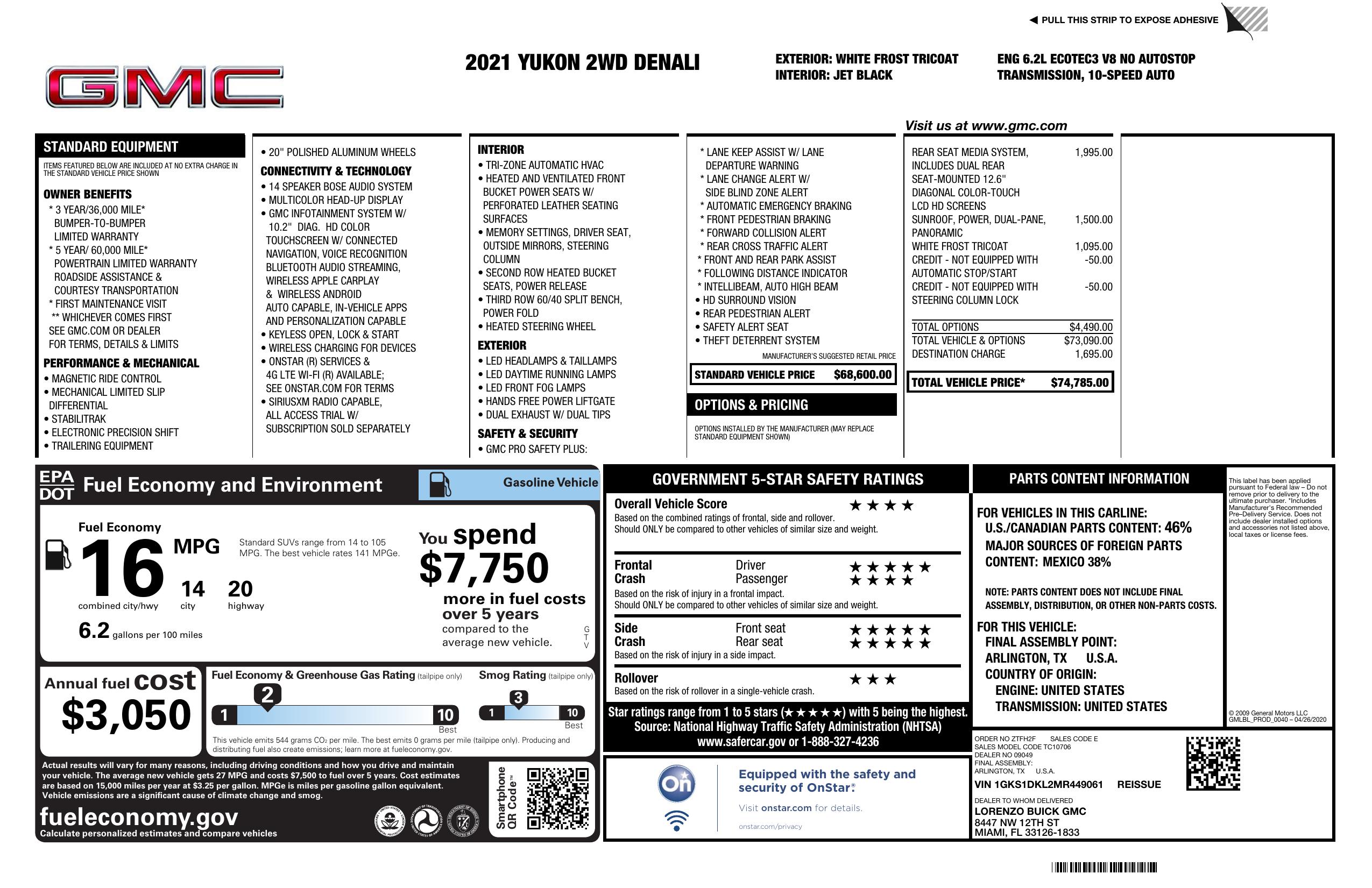 Window Sticker for 2021 GMC Yukon 2 Wd 4dr Denali