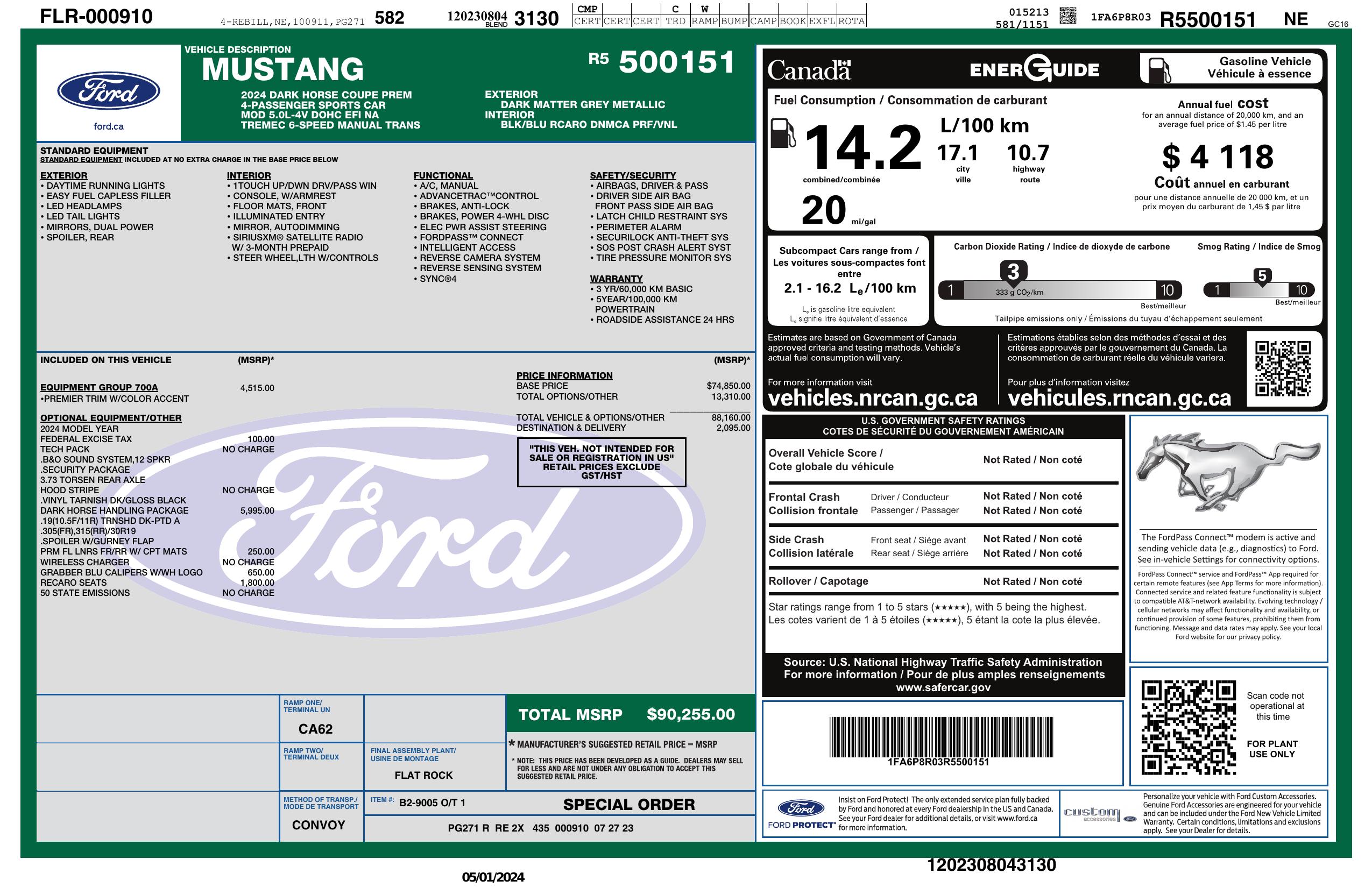 Window Sticker for 2024 Ford Mustang Dark Horse Fastback