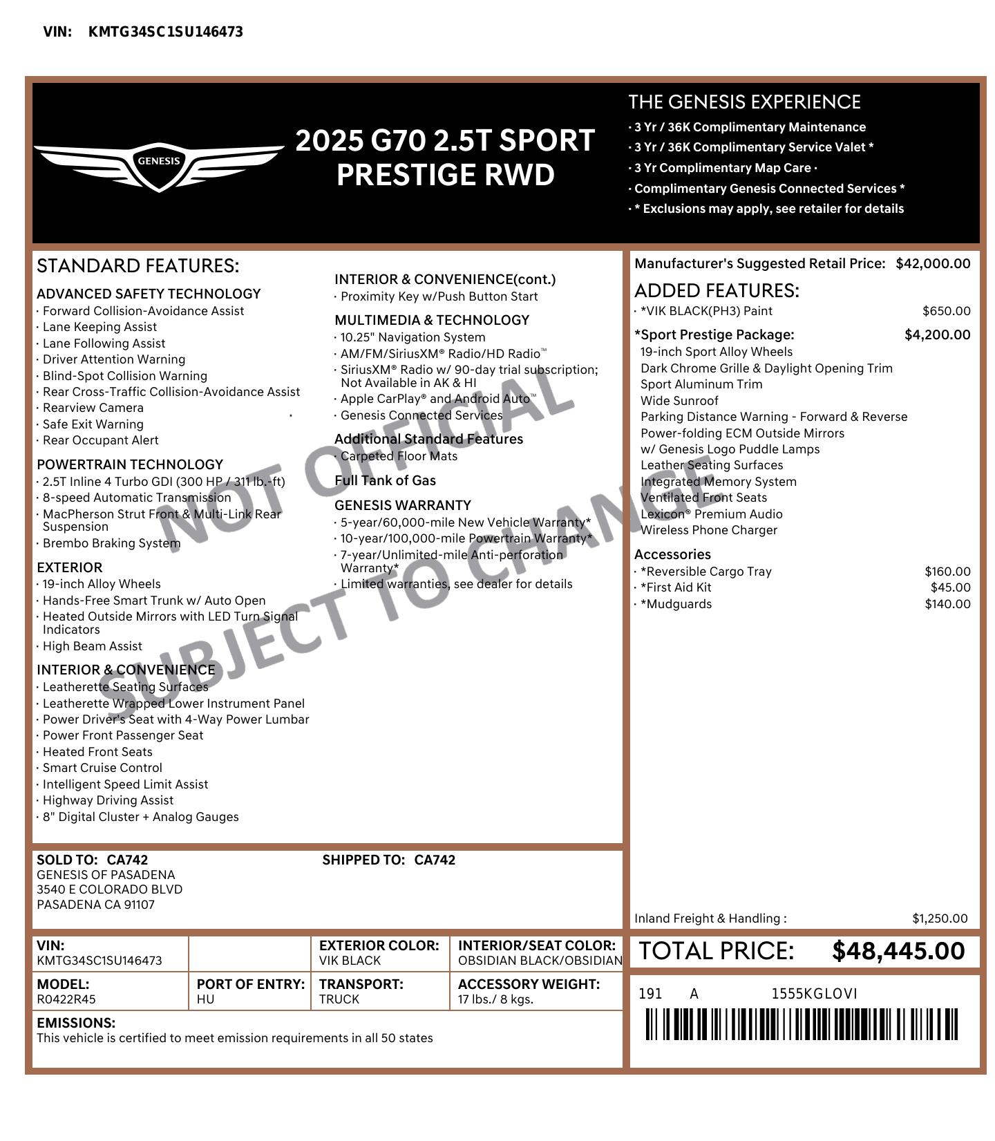 Window Sticker for 2025 Genesis G70 2.5 T Sport Prestige 4dr Sedan