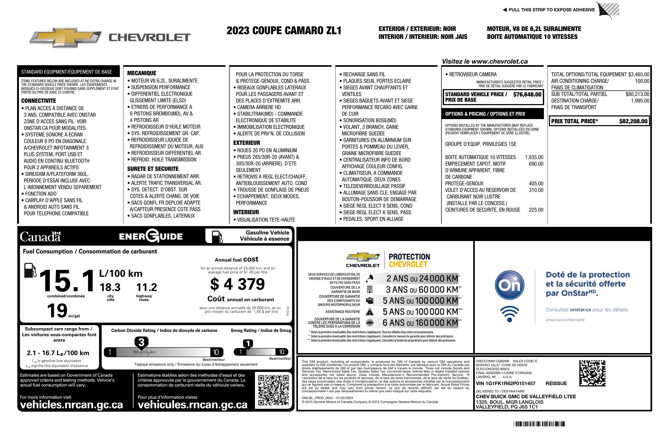 Window Sticker for 2023 Chevrolet Camaro Zl1