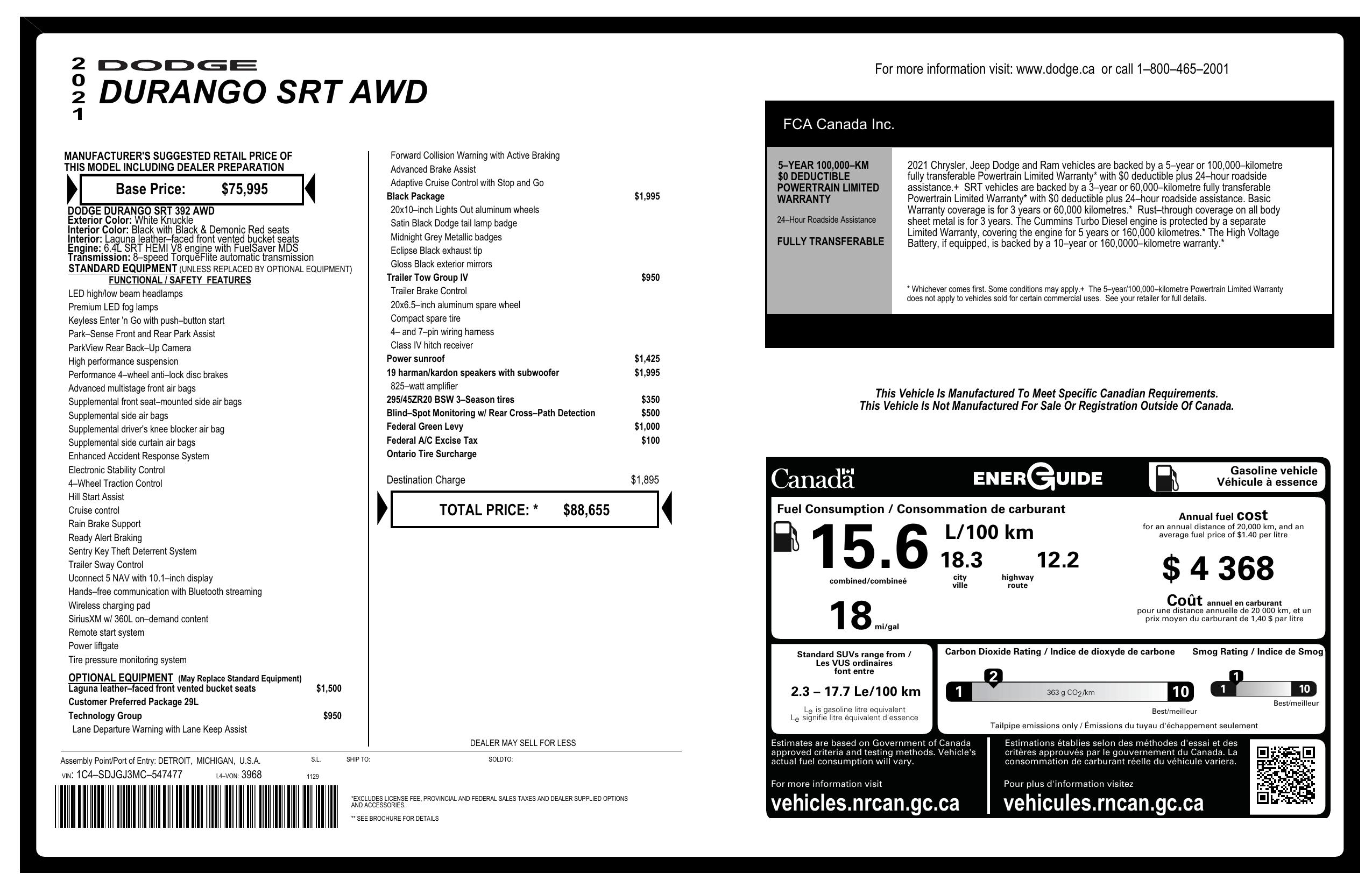Window Sticker for 2021 Dodge Durango Srt 392 Awd
