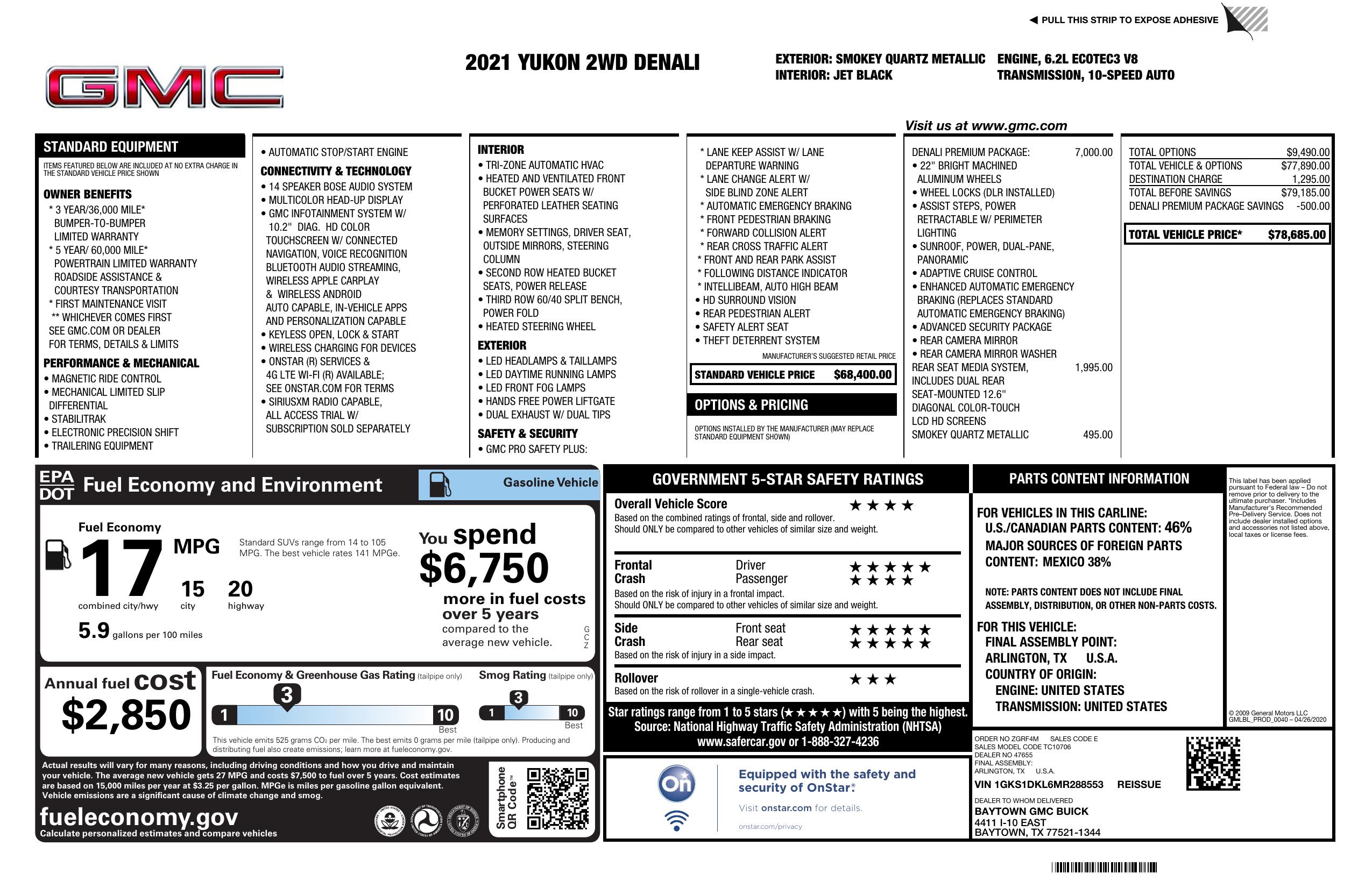 Window Sticker for 2021 GMC Yukon 2 Wd 4dr Denali