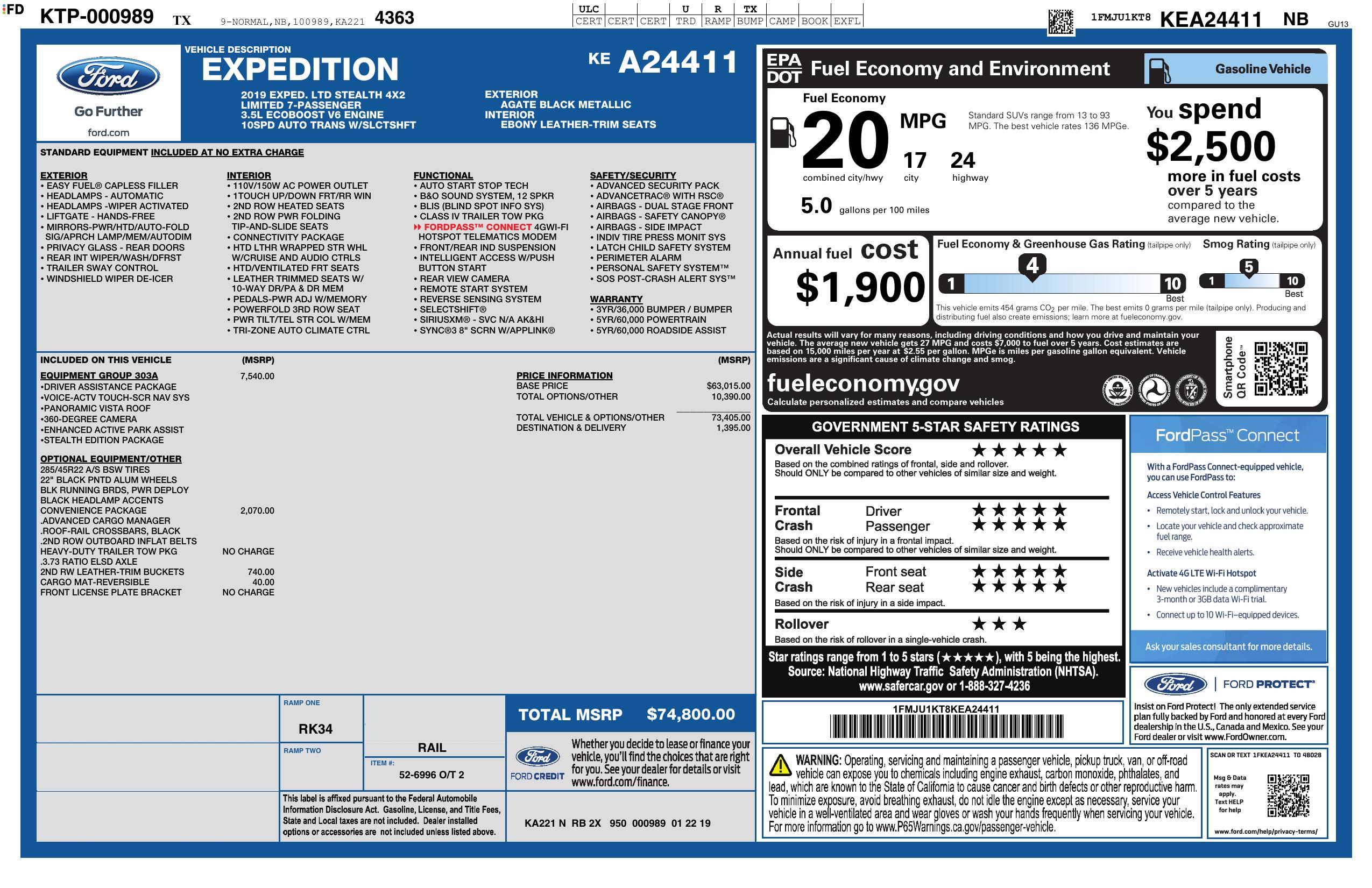 Window Sticker for 2019 Ford Expedition Limited 4x2