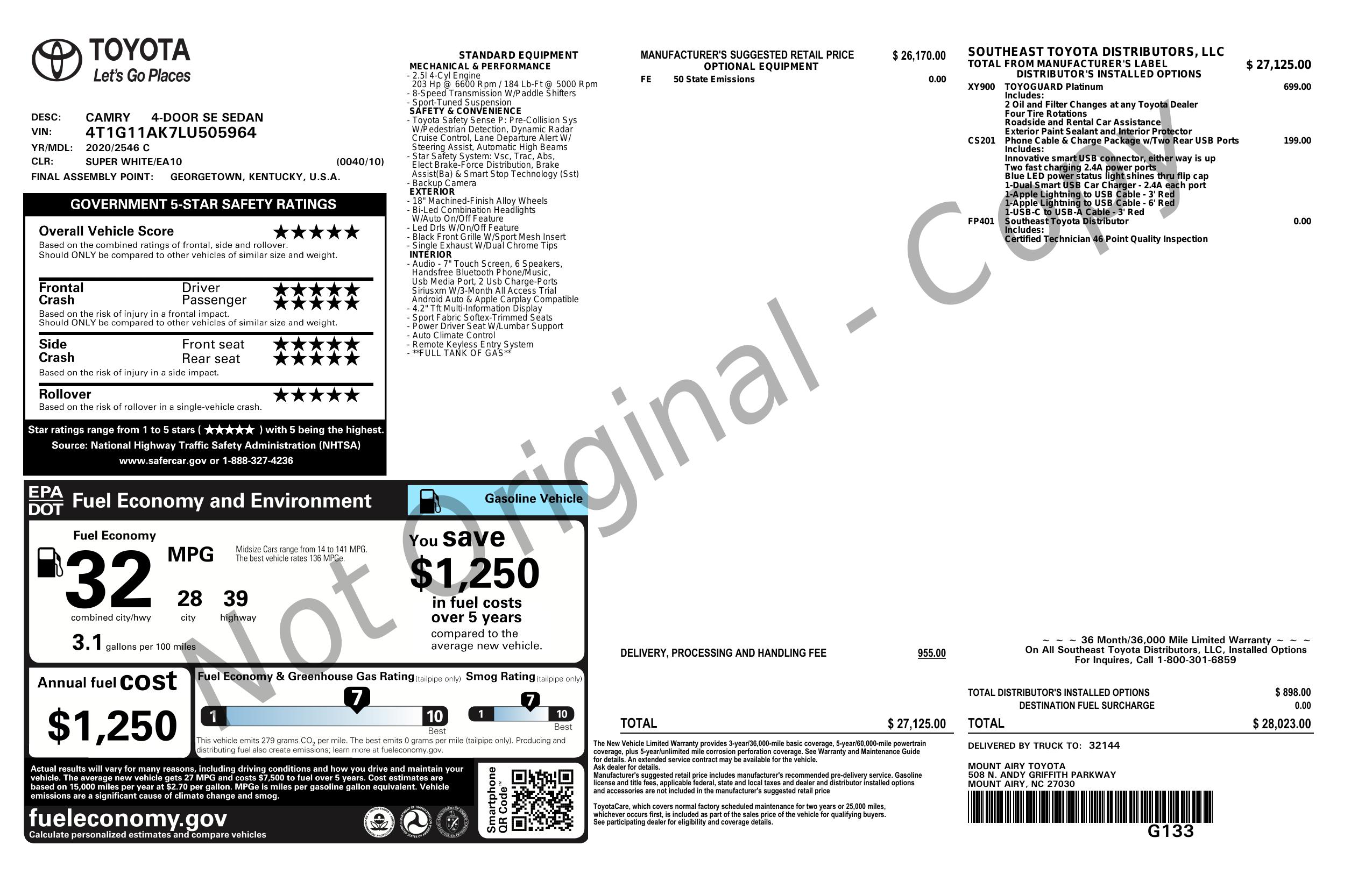 Window Sticker for 2020 Toyota Camry Se Auto (Natl)