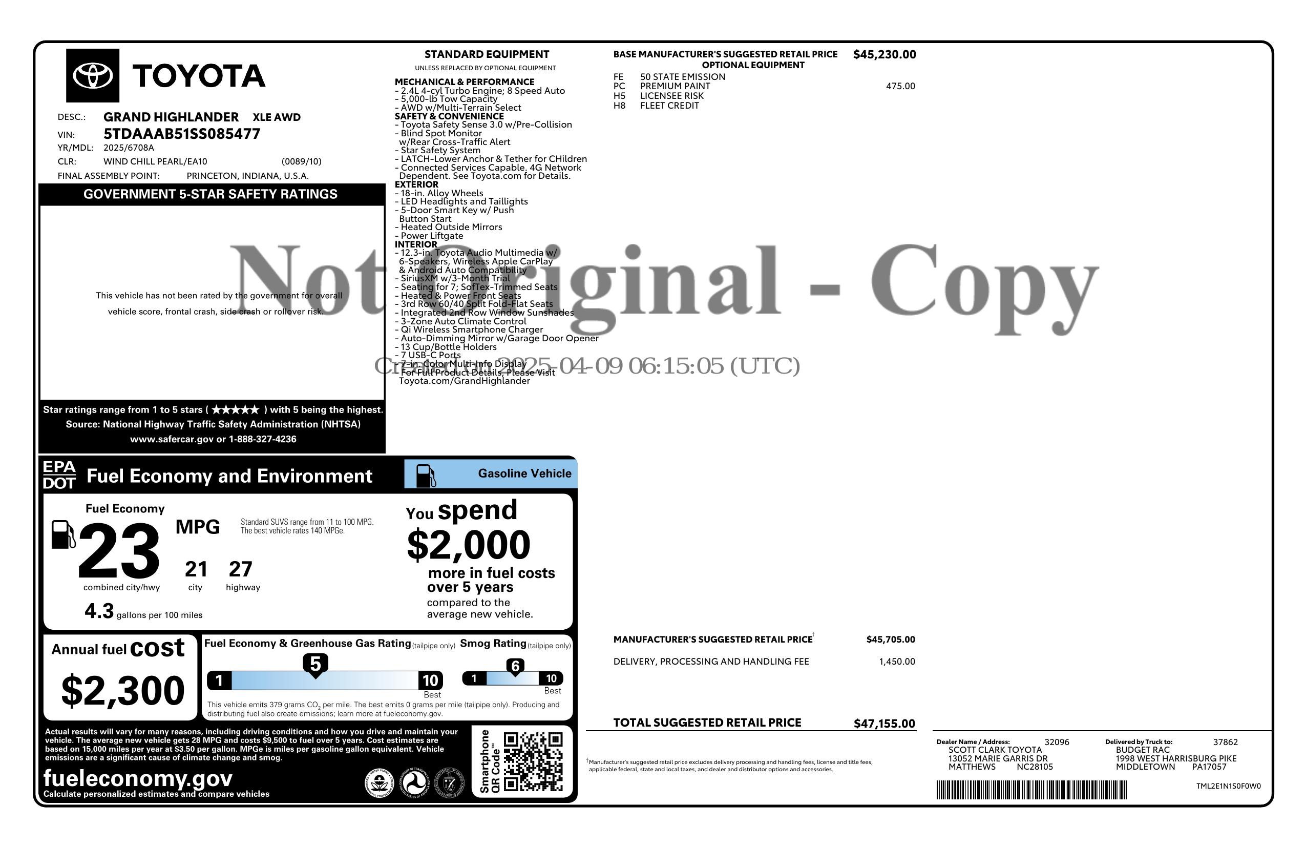 Window Sticker for 2025 Toyota Grand Highlander